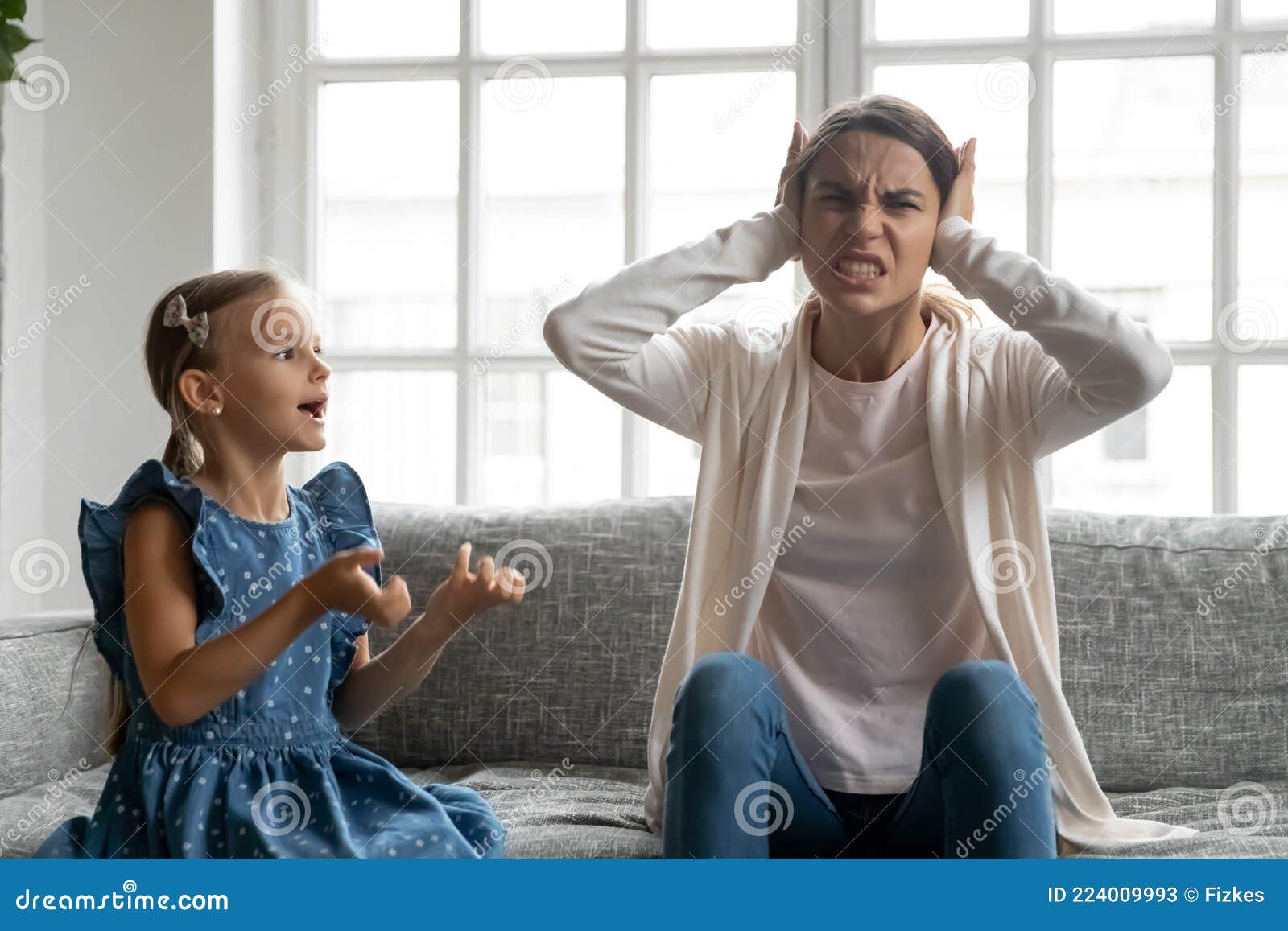 Angry Young Mom Annoyed By Noisy Loud Daughter Stock Image Image Of