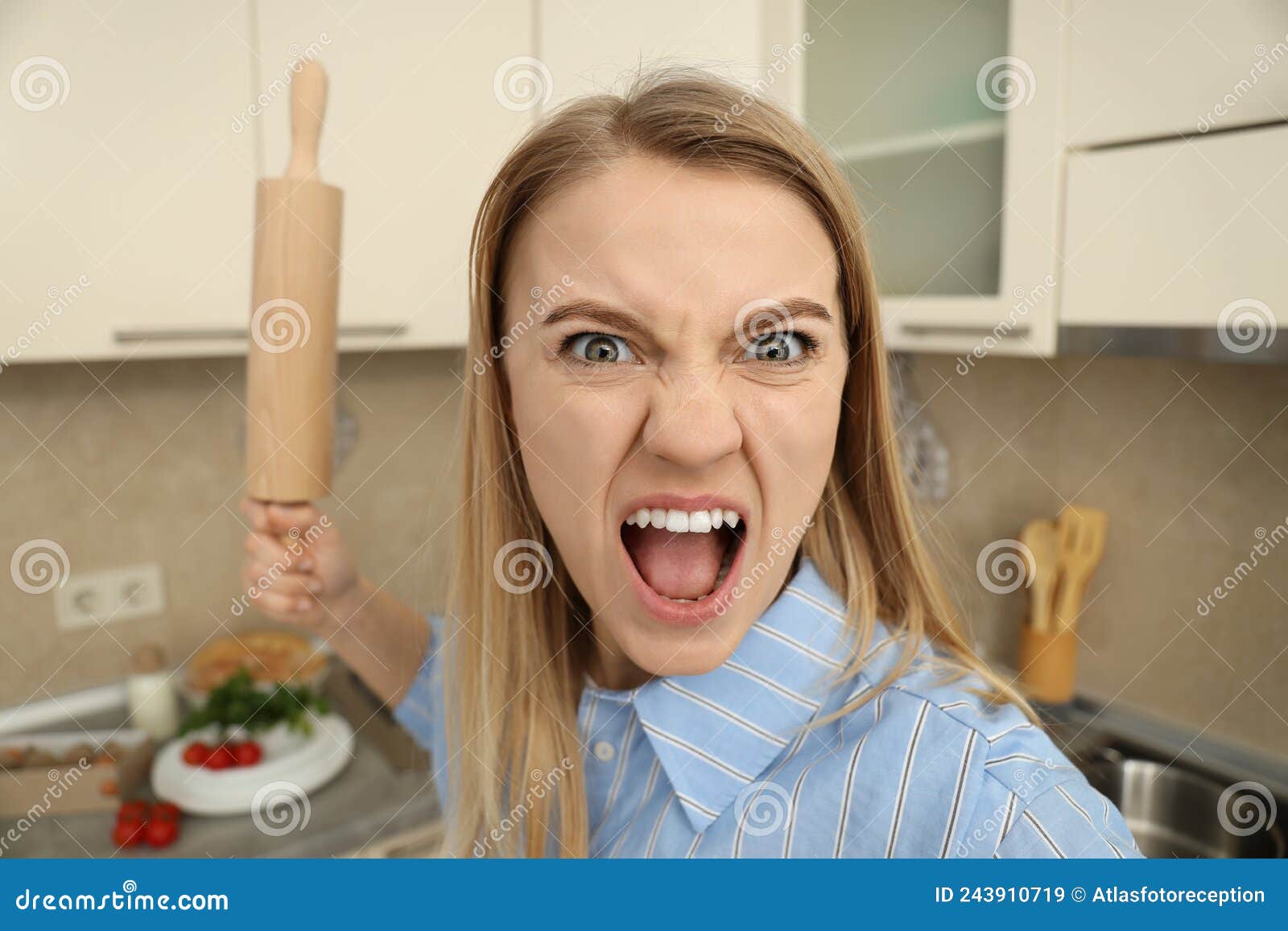 Angry Young Woman with Rolling Pin in Kitchen Room Stock Image - Image ...