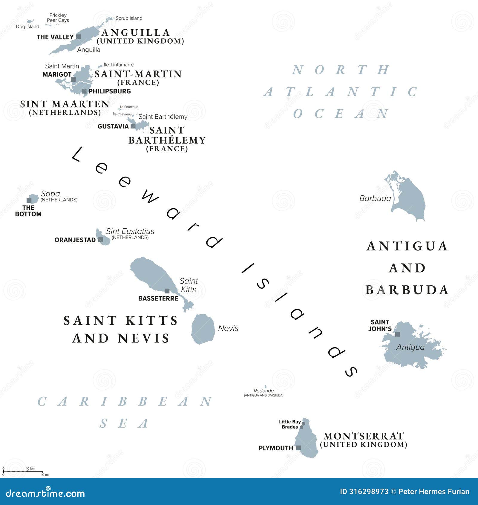 From Anguilla To Montserrat, Caribbean Islands, Gray Political Map ...