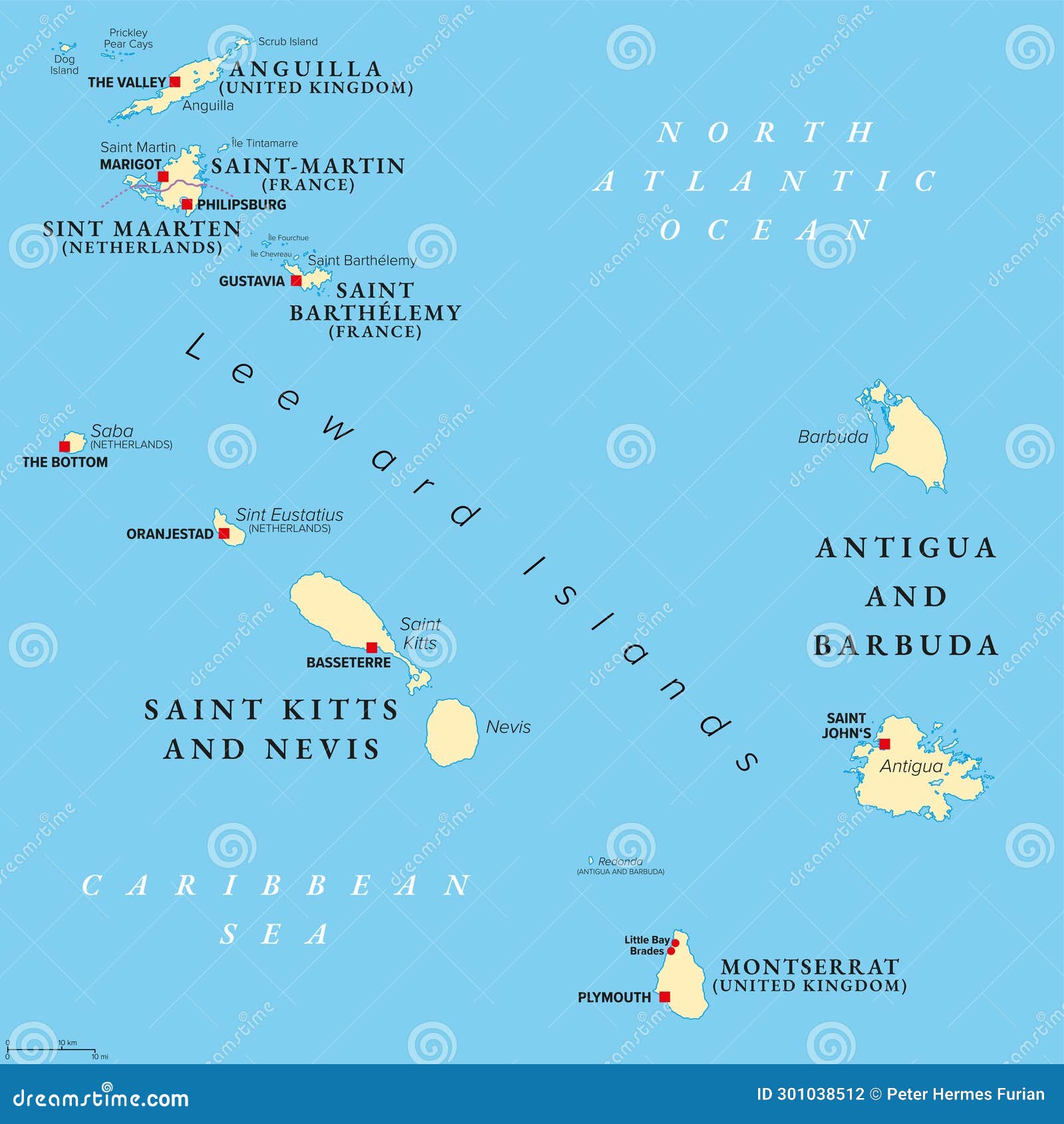 From Anguilla To Montserrat, Caribbean Islands, Gray Political Map ...