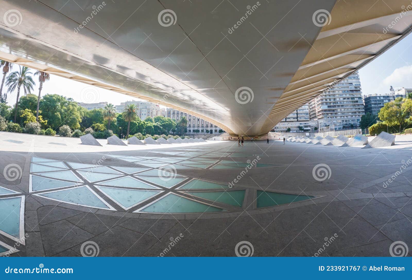 Angular View of the Bottom of a Modernist Bridge with Blue Reflective ...