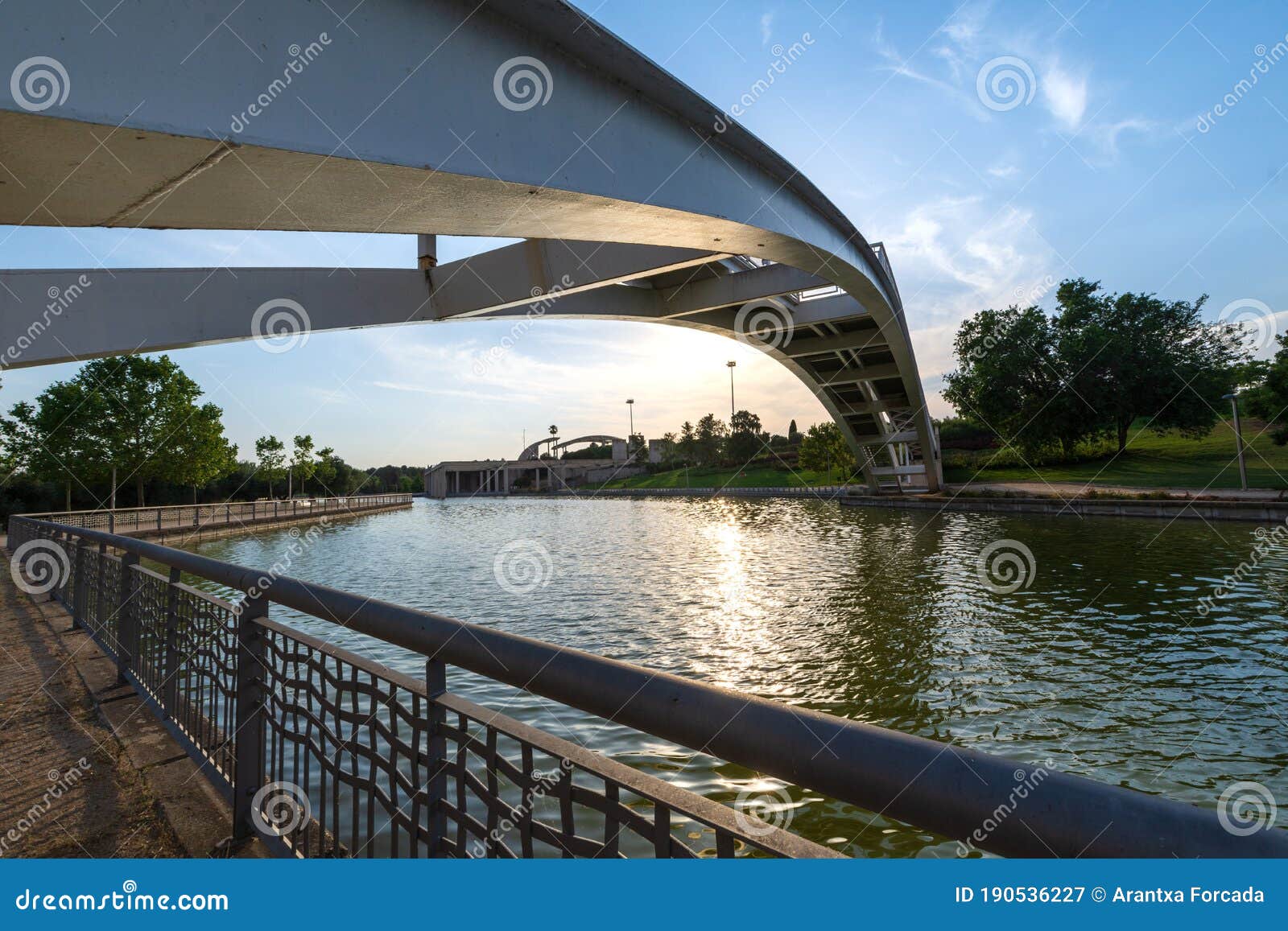 Angular View of Bridge Over Canal, at Sunset, in a Park in Madrid ...