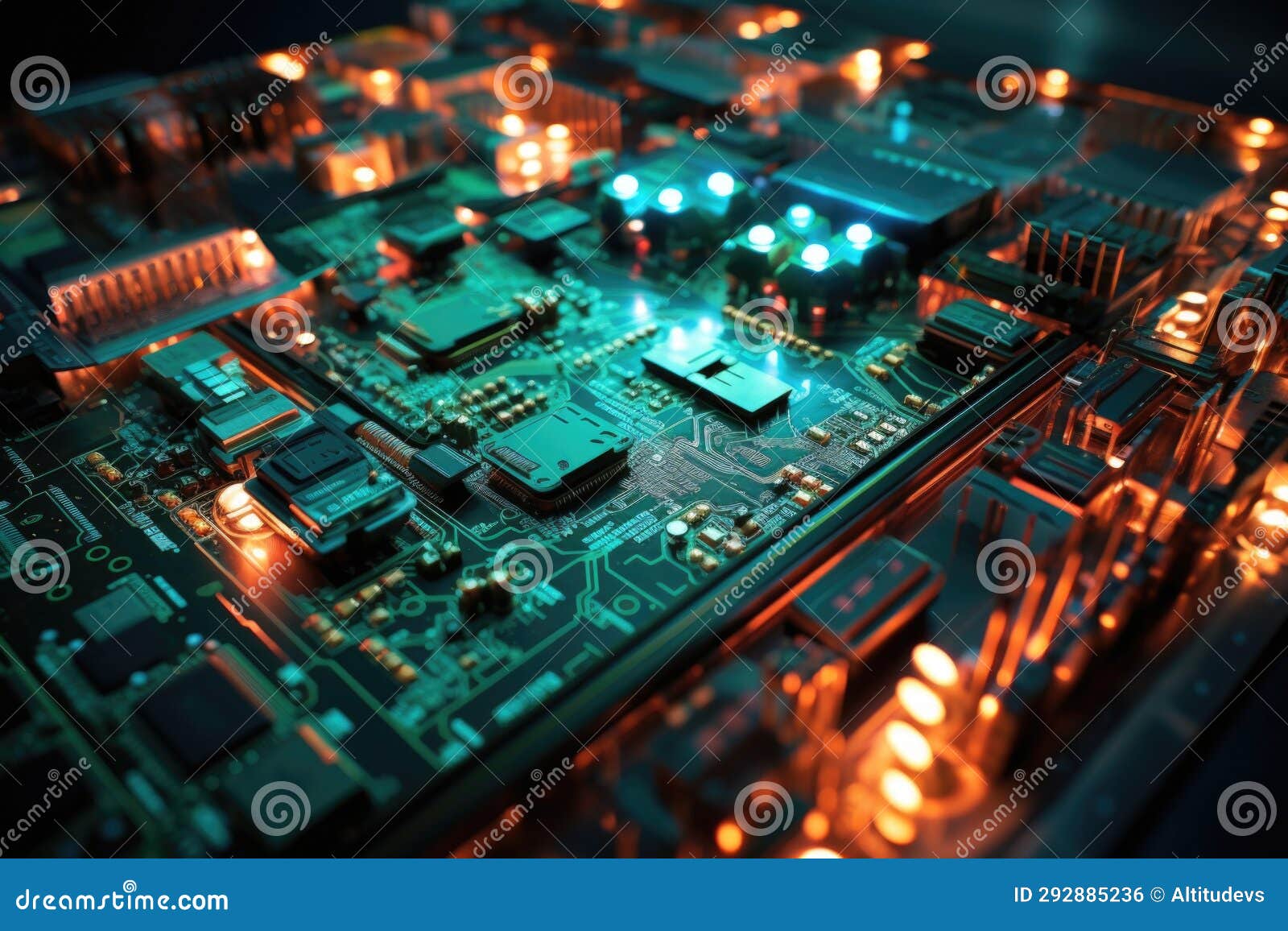Angular View of a Sprawling Circuit Board with Glowing Led Lights Stock ...