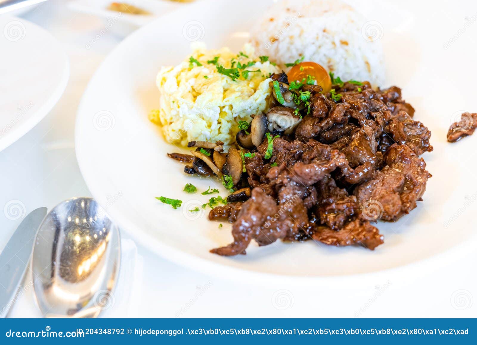 Angus Beef Tapa with Scrambled Egg and Garlic Rice for Breakfast Stock ...