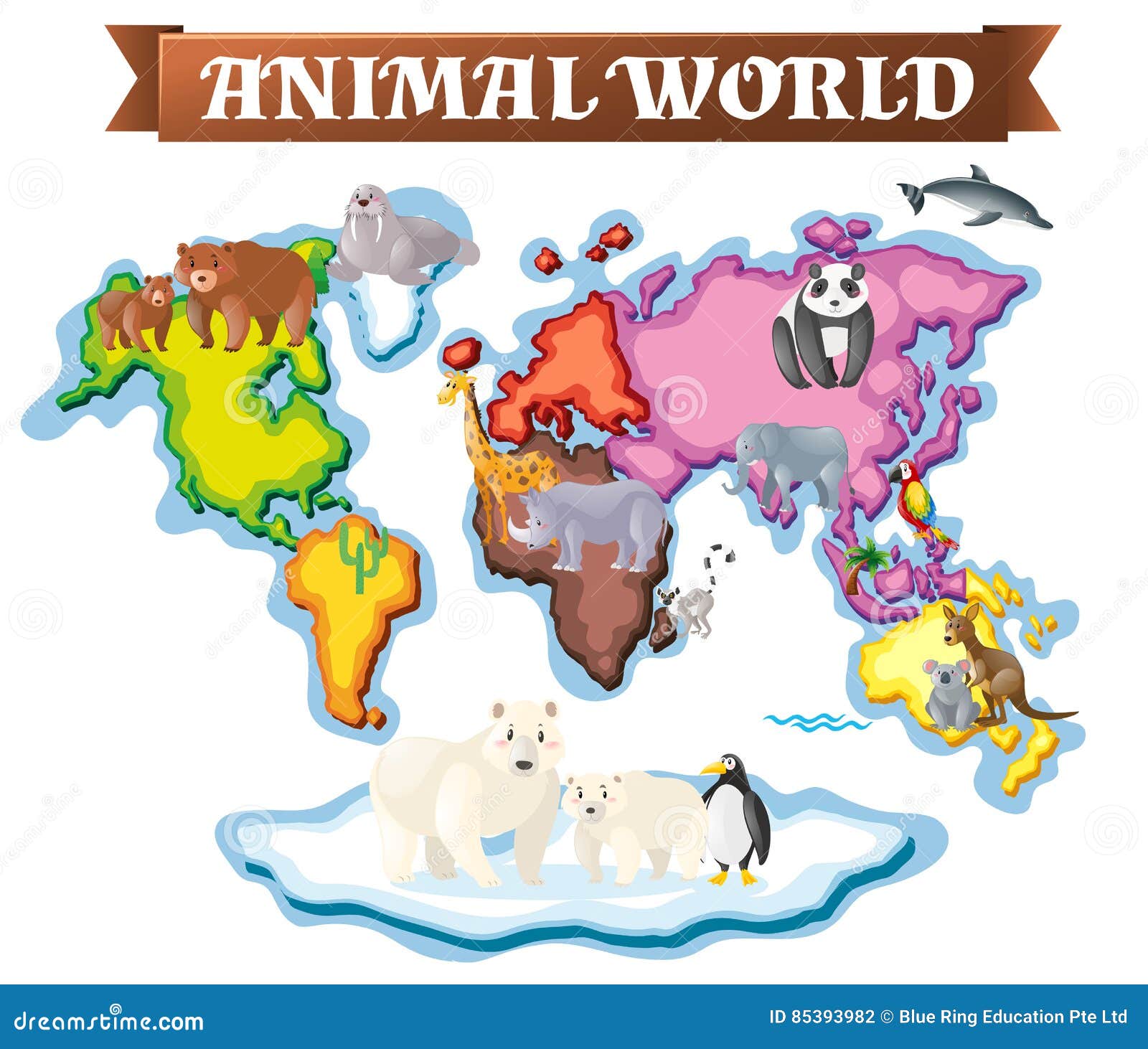Animais Em Partes Diferentes Do Mundo No Mapa Ilustração do Vetor ...