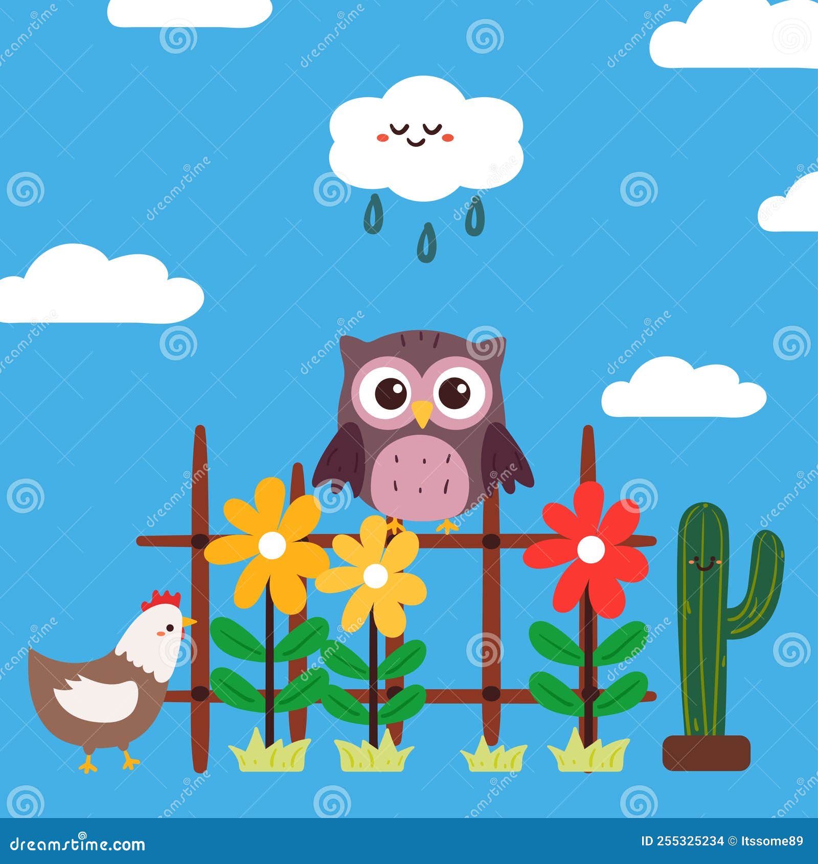Cute Owl and Chicken Wallpaper Wit Plant and Flower Stock Vector ...