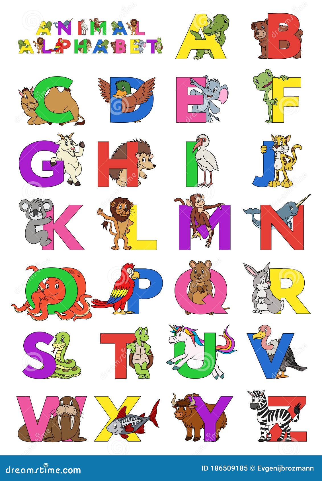 Zoo Animal Alphabet. Letters from a To Z. Cartoon Cute Animals Isolated ...
