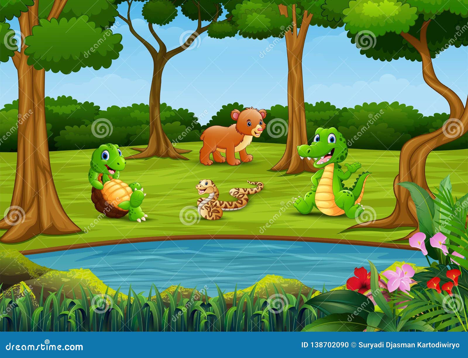 Animal Cartoon on the Edge of a Small Pool Stock Vector - Illustration ...