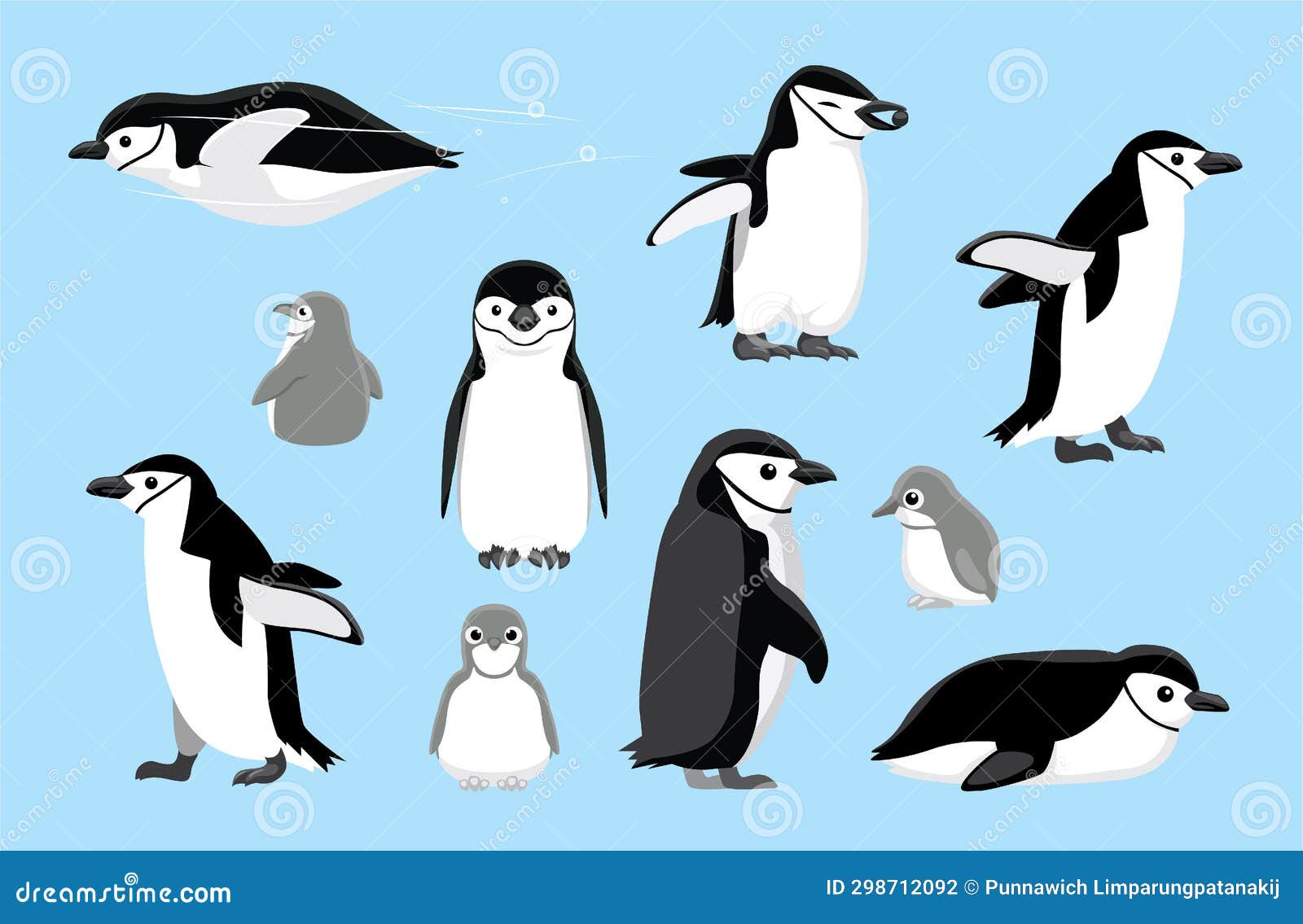 Chinstrap Penguin Chick Cute Bird Winter Set Cartoon Vector Stock ...