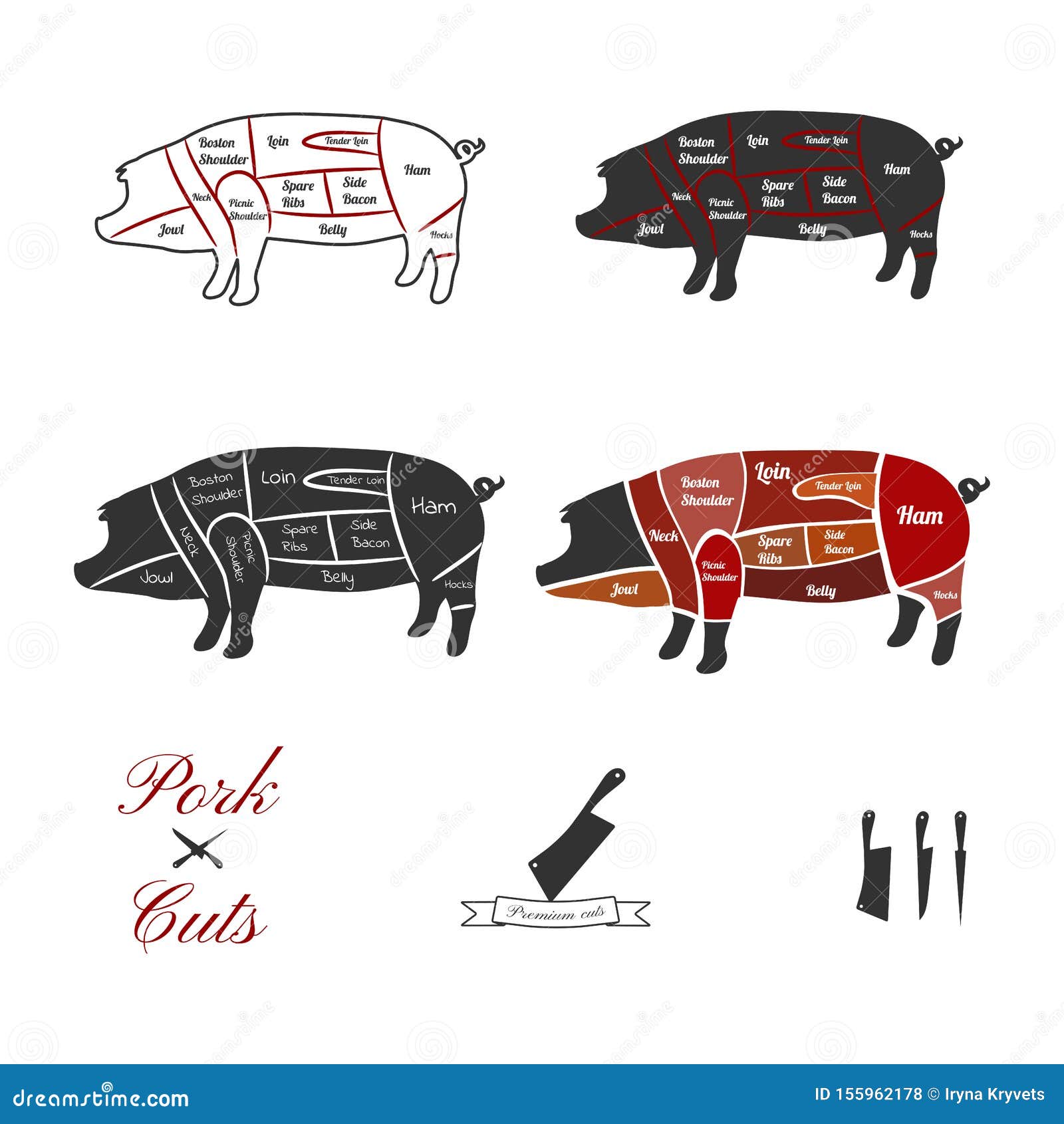 Cuts Of Pork. Meat Cuts. Pig Silhouette Isolated On Black Background ...