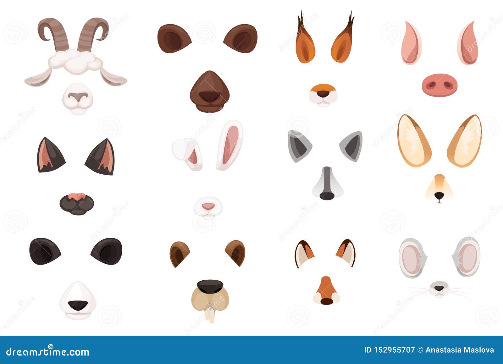 Animal Face Elements Set Cartoon Flat Design Ears and Noses Vector ...