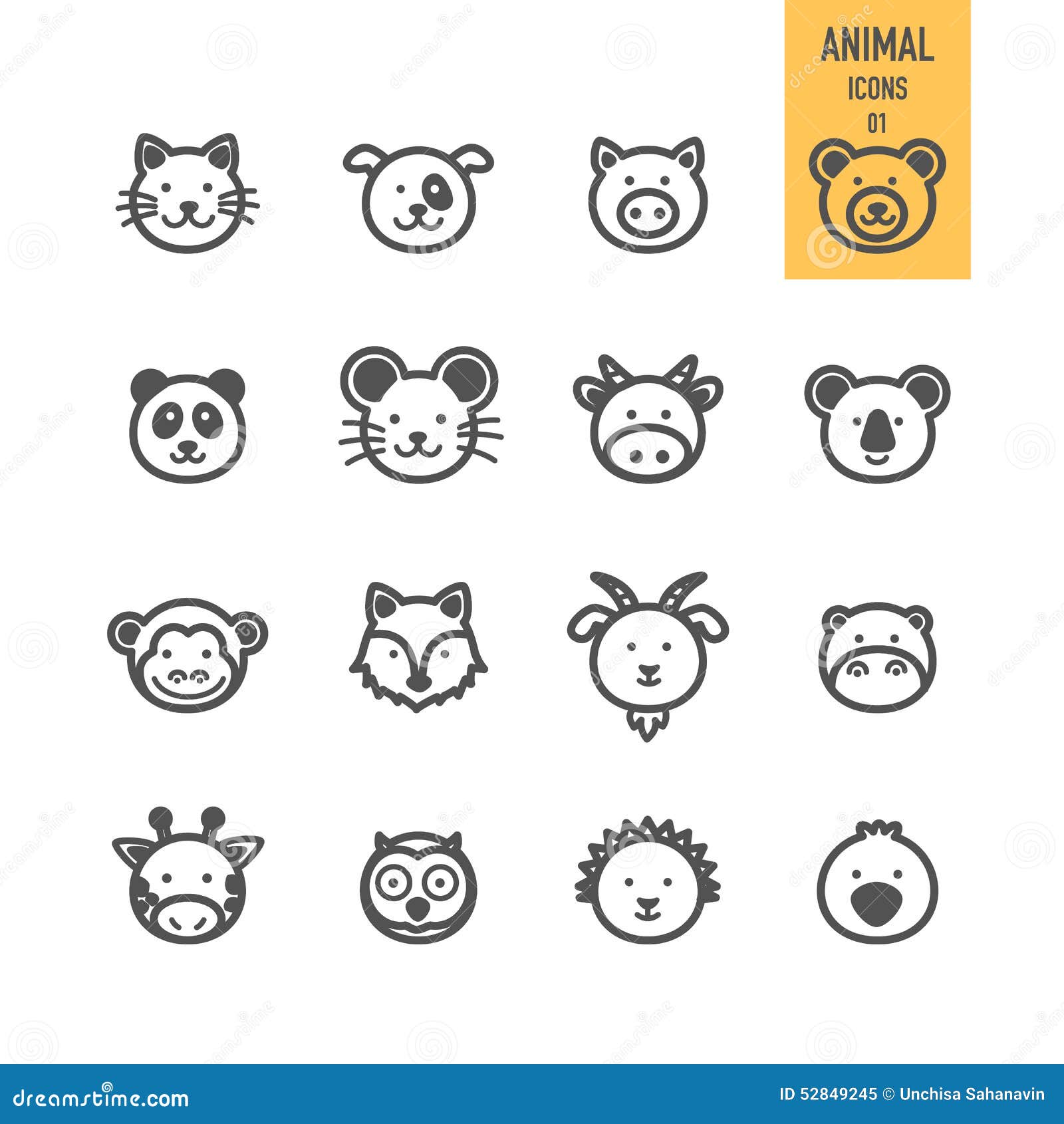 Animal face icons set. stock vector. Illustration of bear - 52849245