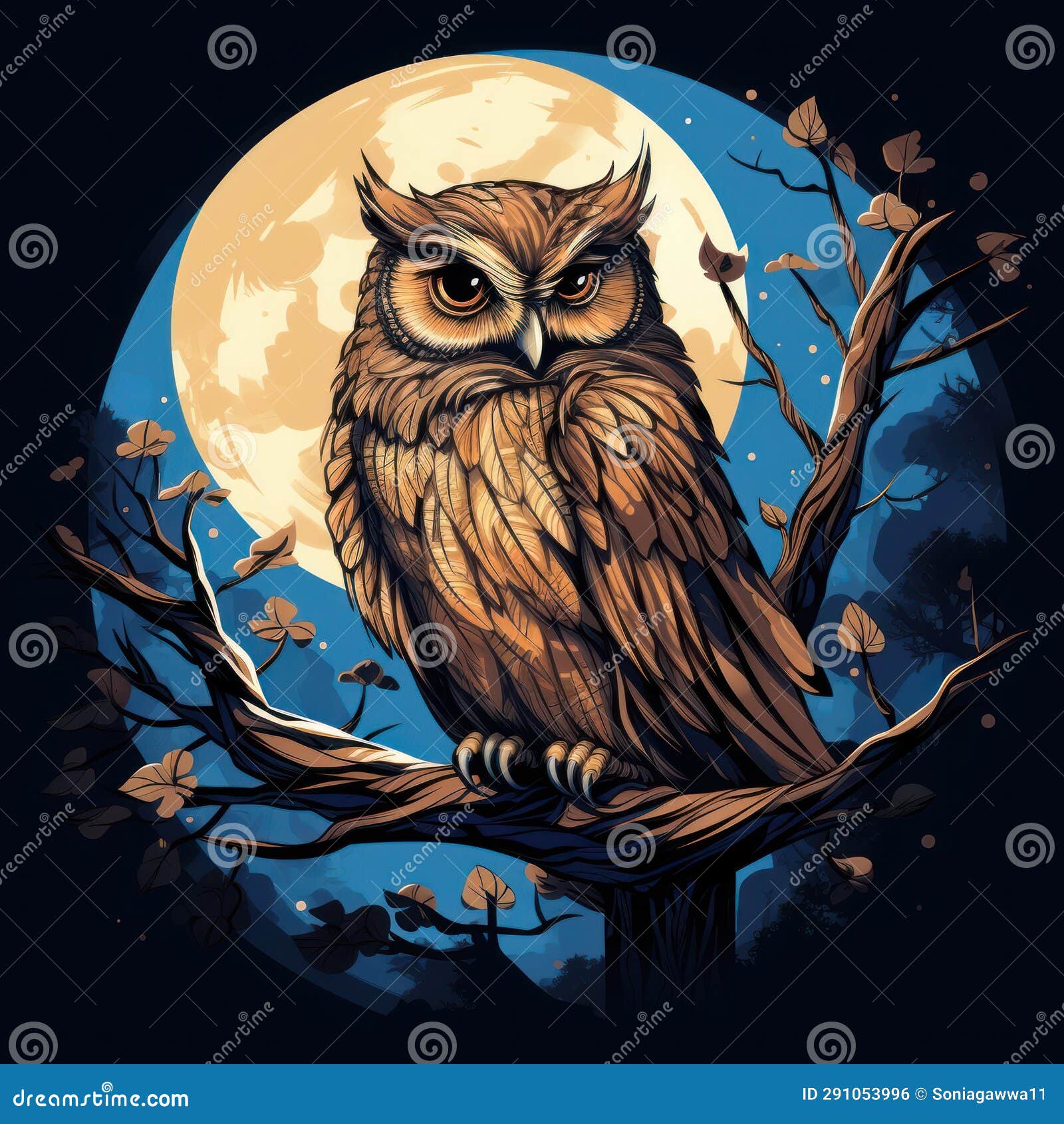 Animal Illustration of a Relaxed Owl Perched on a Branch with a ...