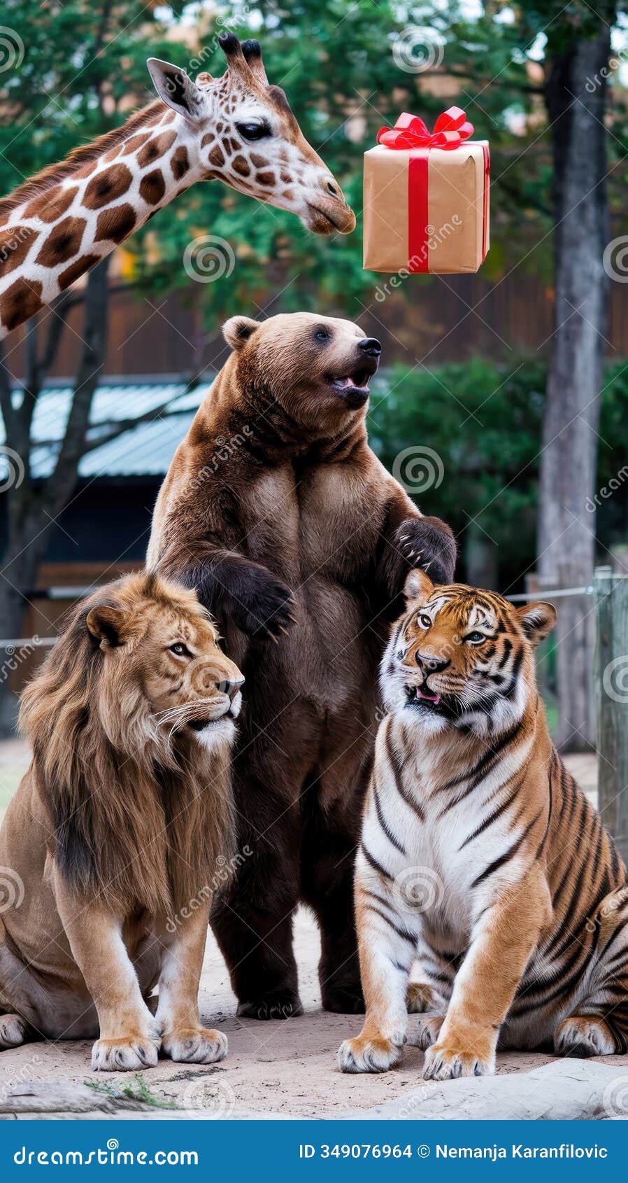 Animal Mascots Around "Gift" Box in Enclosure Stock Illustration ...