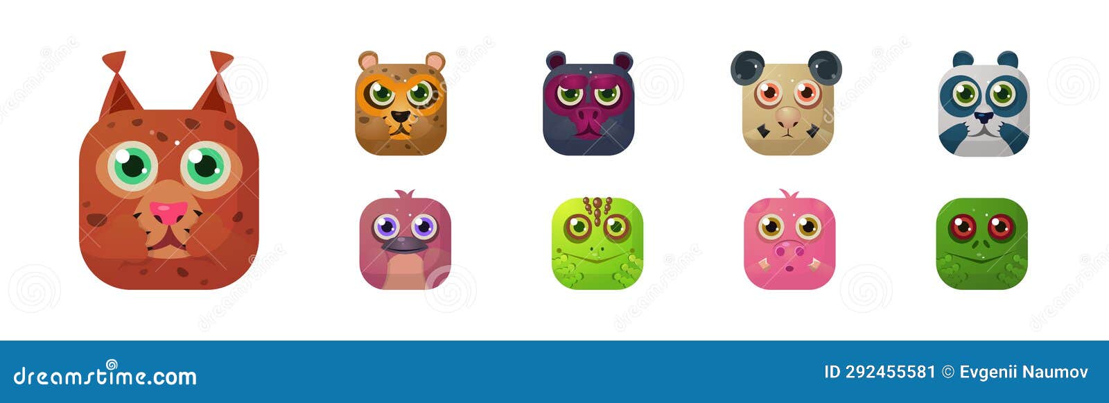 Animal Square Faces and Cute Muzzle Icon for Mobile Application Vector ...