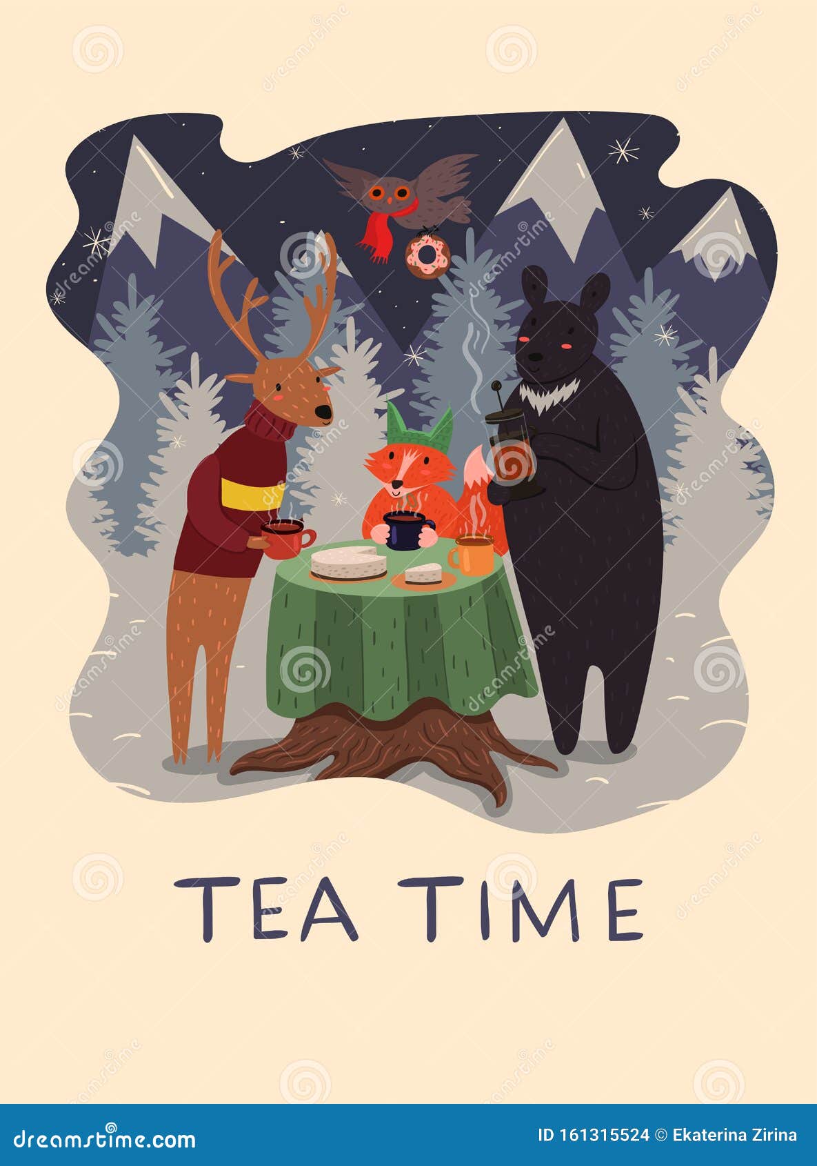 Animal Tea Party in the Winter Forest Stock Illustration - Illustration ...