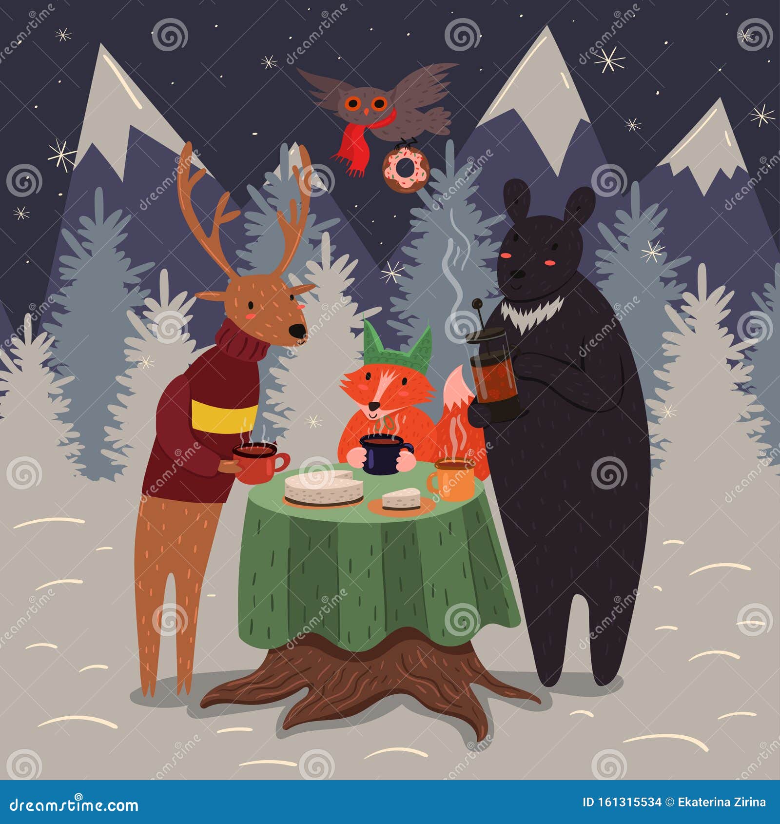 Animal Tea Party in the Winter Forest Stock Illustration - Illustration ...