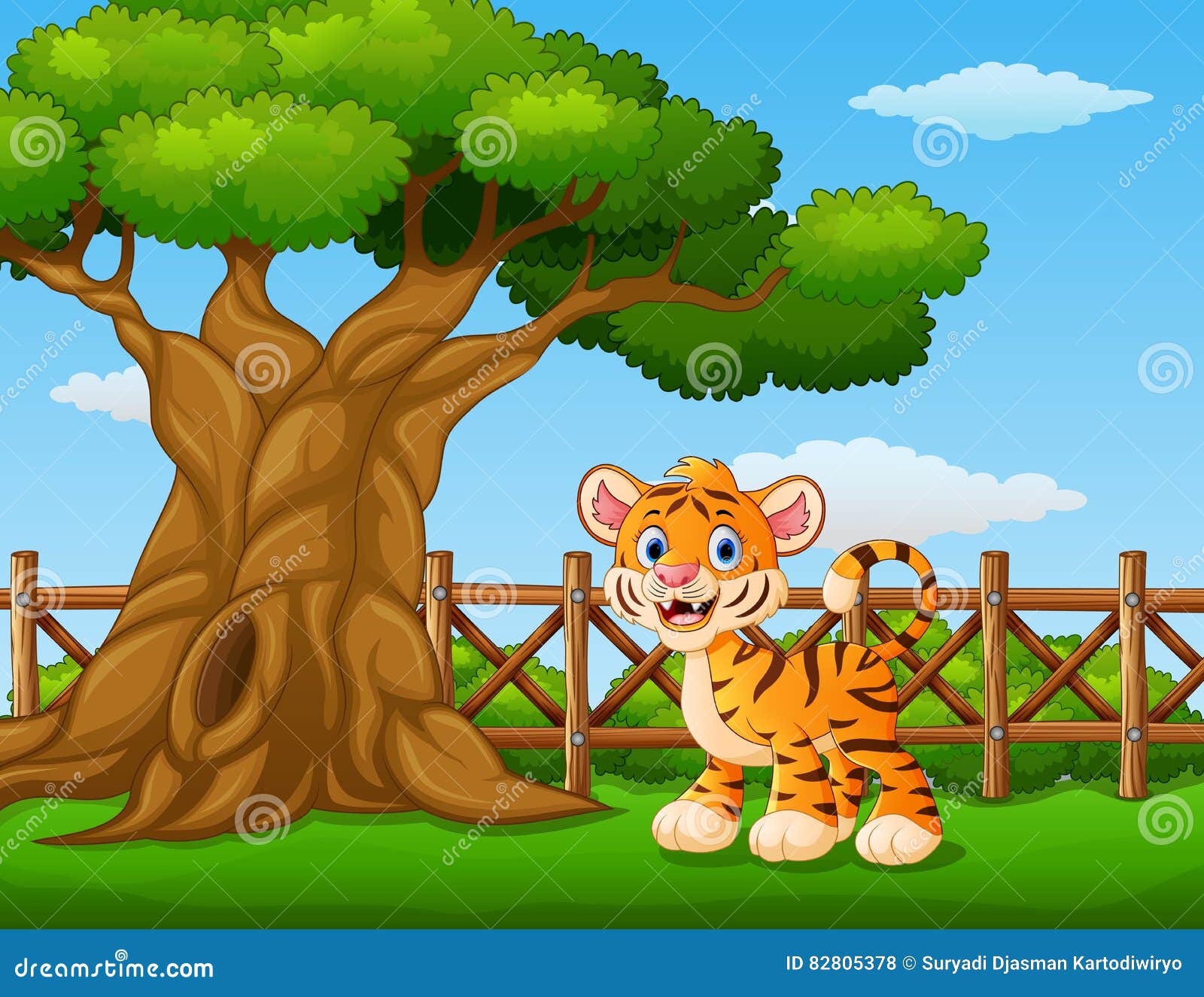 Tiger Standing On The Tree With Steam Cloud Design For Illustration ...