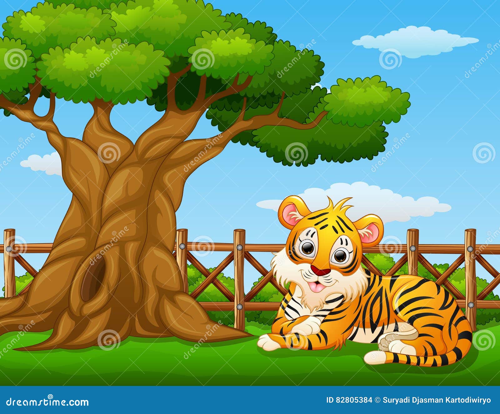 Animal Tiger beside a Tree Inside the Fence Stock Vector - Illustration ...