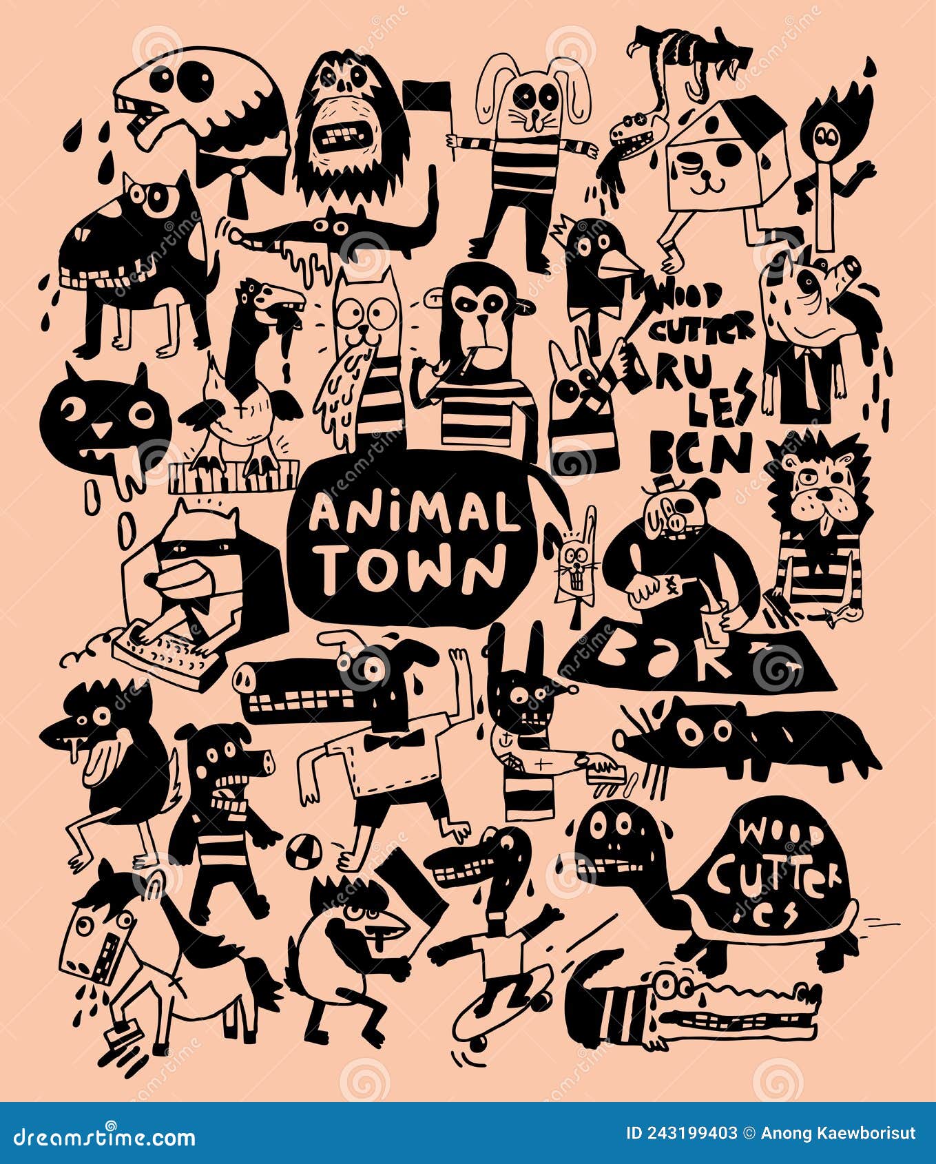 Animal Town Doodle stock vector. Illustration of drawing - 243199403