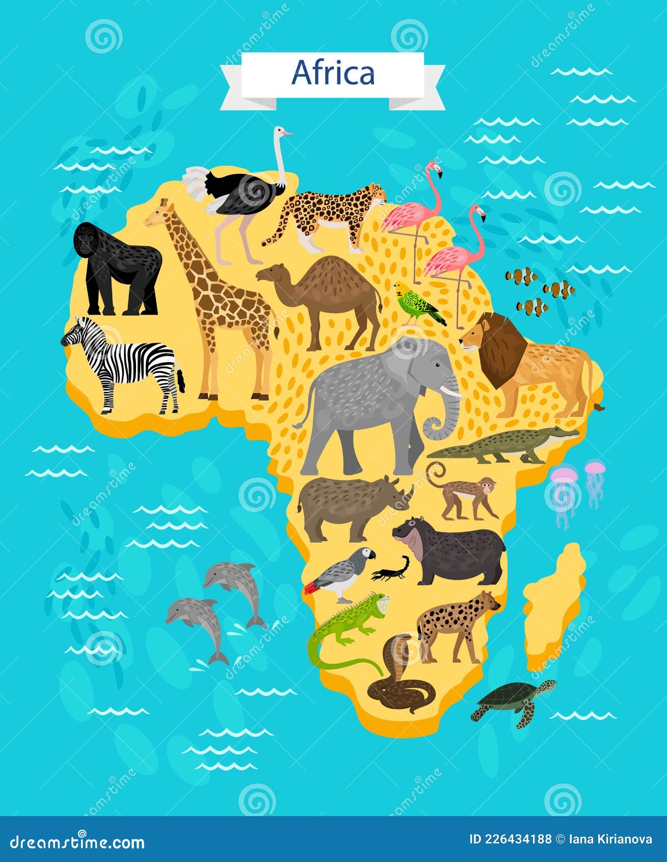 Animals and Birds of Africa on the Map Stock Photo - Image of elephant ...
