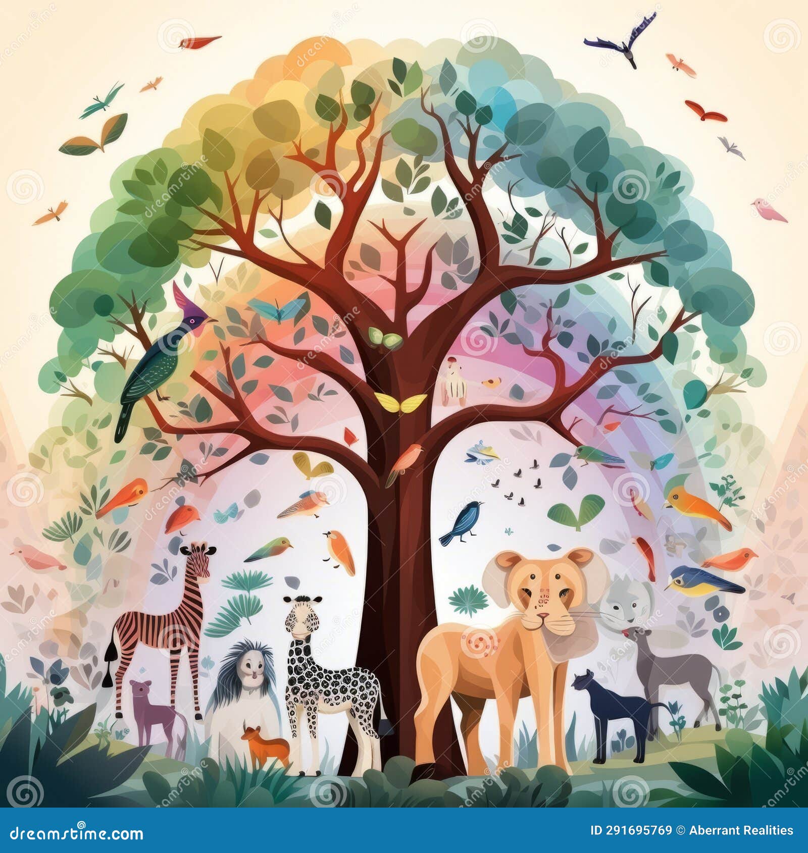 Animals and Birds Under a Tree with a Rainbow in the Background Stock ...