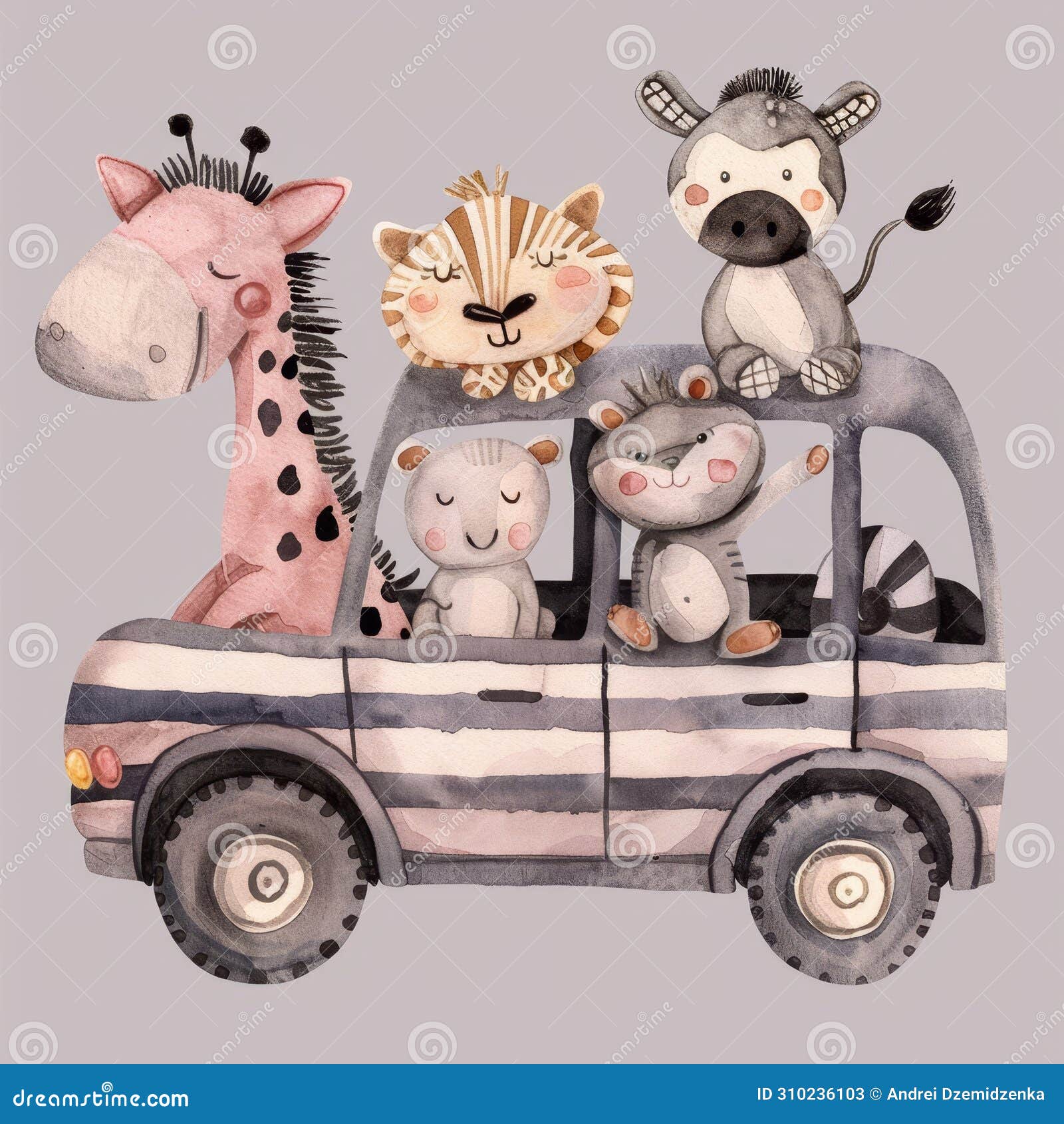 Animals in the Car in Watercolor Stock Illustration - Illustration of ...