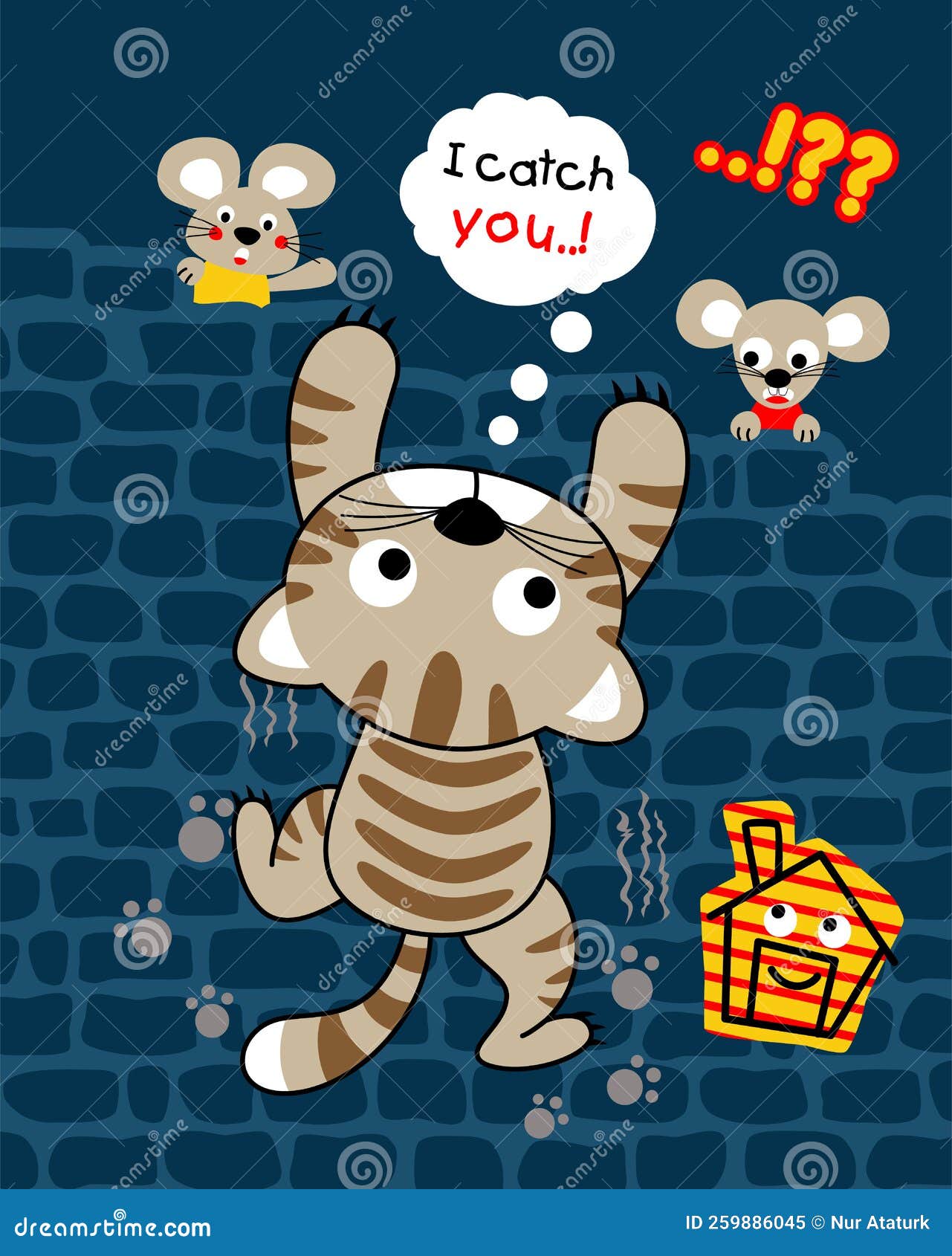 Animals Cartoon Vector, Cat Crawl on Bricks Wall Hunting Rats Stock ...