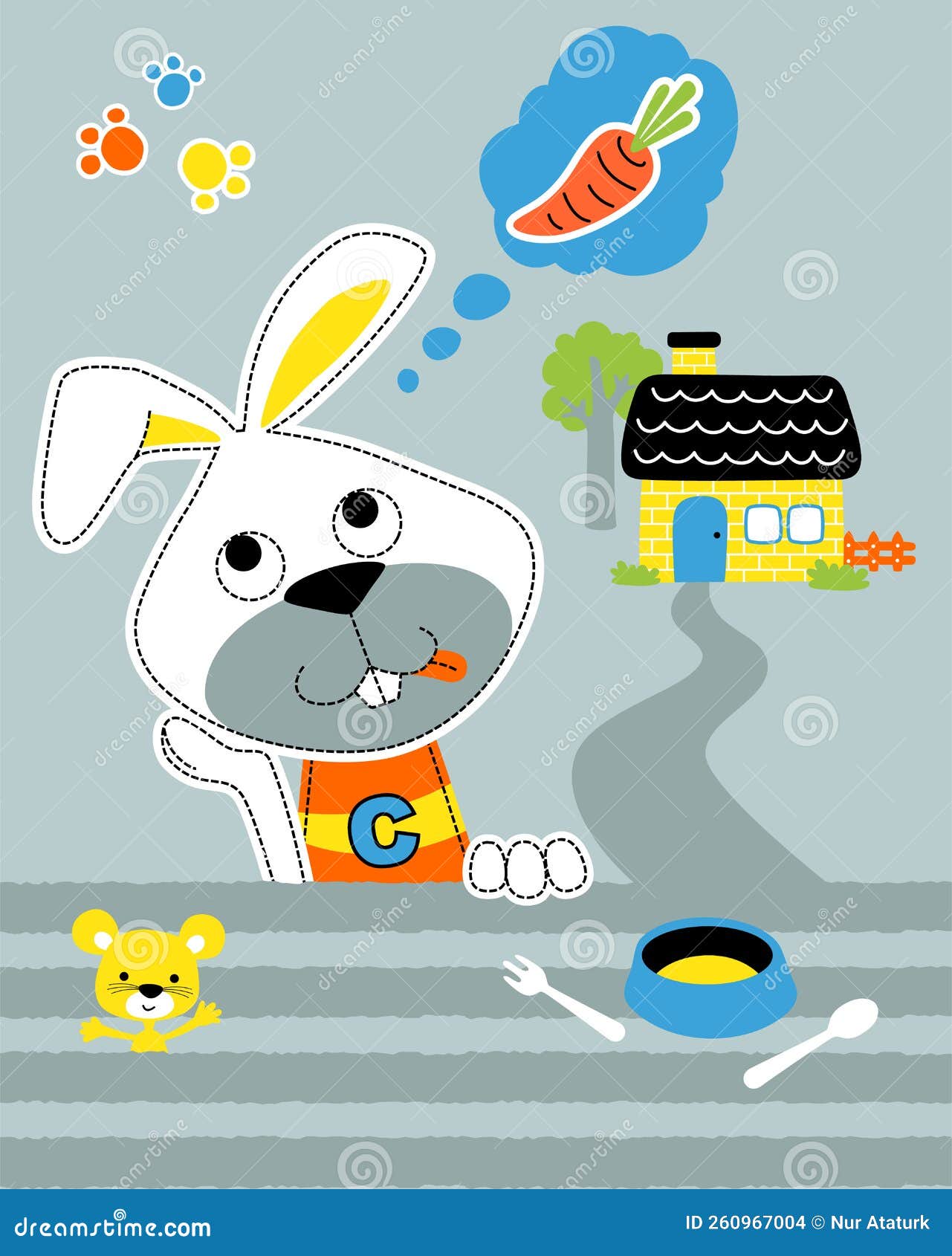 Animals Cartoon Vector, Rabbit Thinking about Carrot on Little Home ...