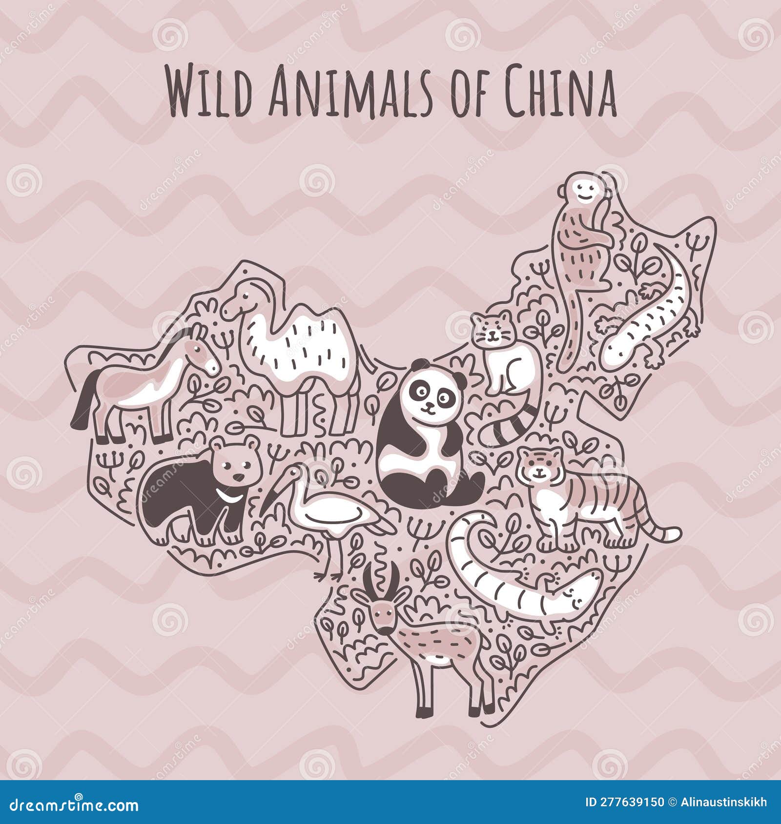 Animals of China on Map. Doodle Style Illustration. Outline Sketch ...