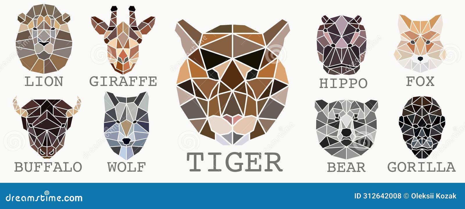 Animals are Drawn with a Polygon. Faces of Animals in Colored Tones ...