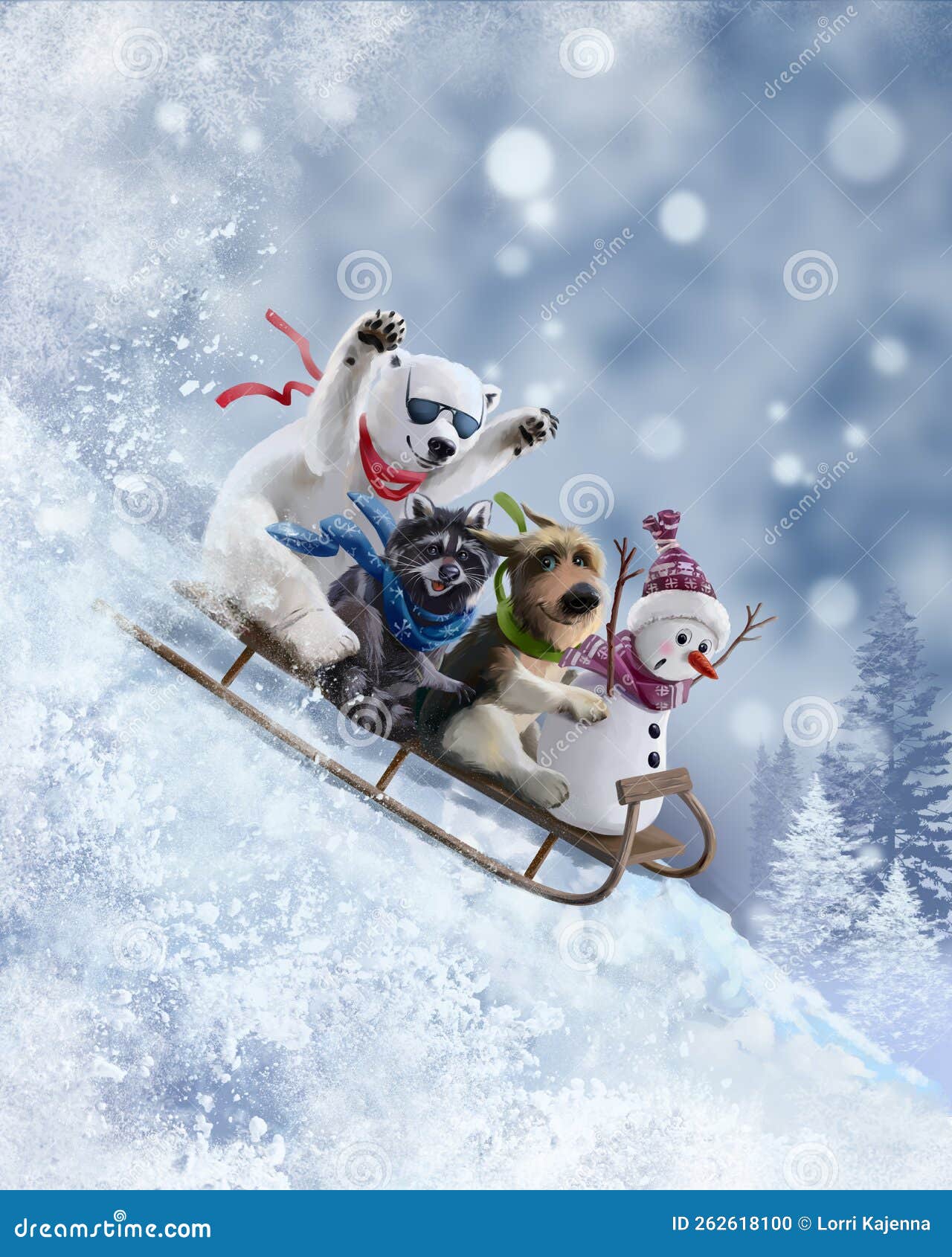 Animals Go Down the Mountain on Sleds Stock Illustration - Illustration ...