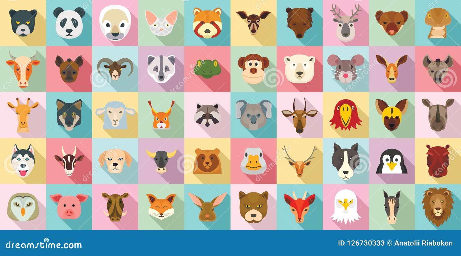 Animals Icon Set, Flat Style Stock Illustration - Illustration of deer ...