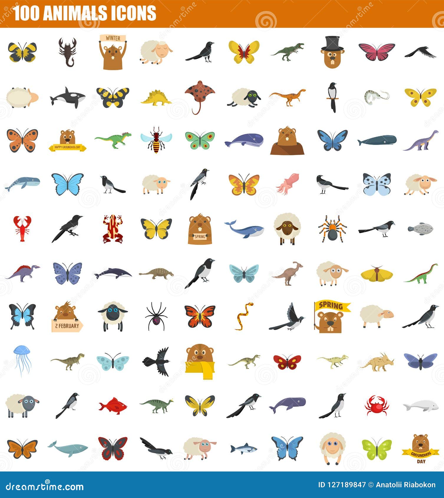 100 Animals Icon Set, Flat Style Stock Illustration - Illustration of ...