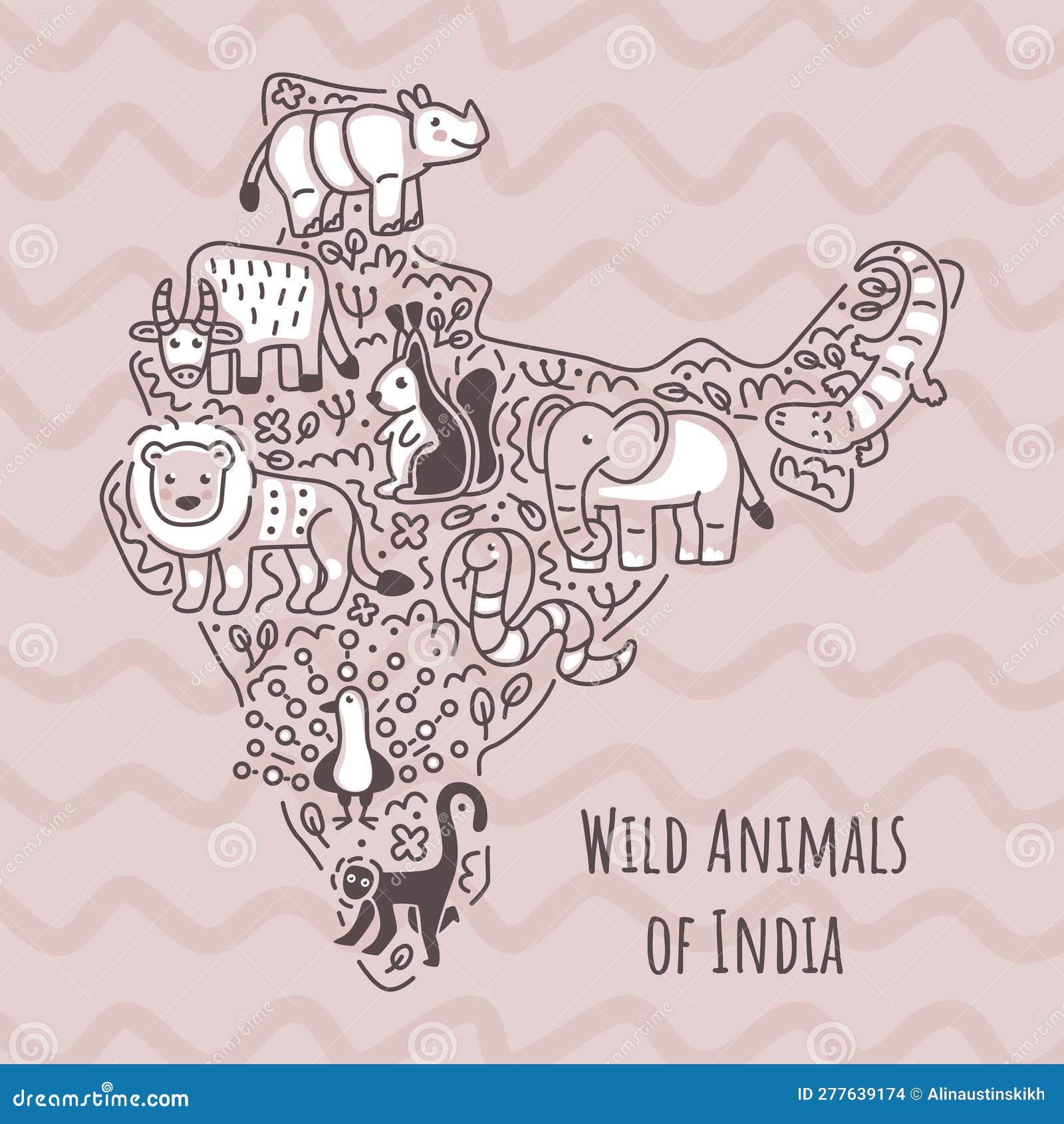 Animals Of India On Map. Doodle Style Illustration. Outline Sketch ...