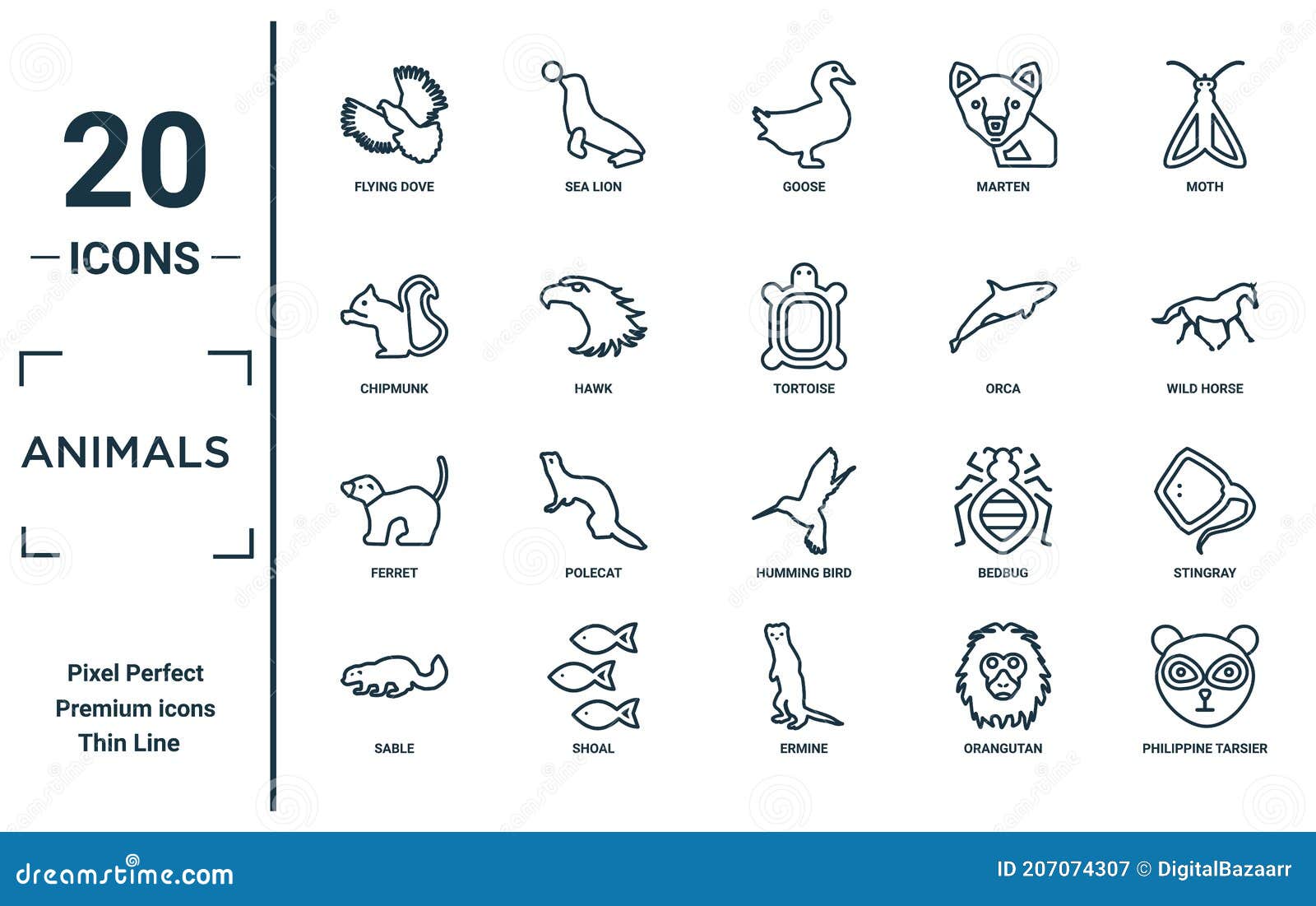 Animals Linear Icon Set. Includes Thin Line Flying Dove, Chipmunk ... Animals Linear Icon Set. Includes Thin Line Flying Dove, Chipmunk ...
