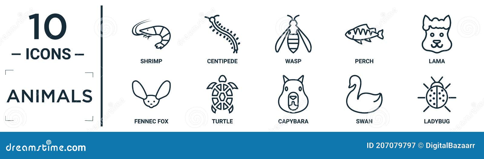 Animals Linear Icon Set. Includes Thin Line Shrimp, Wasp, Lama, Turtle ... Animals Linear Icon Set. Includes Thin Line Shrimp, Wasp, Lama, Turtle ...