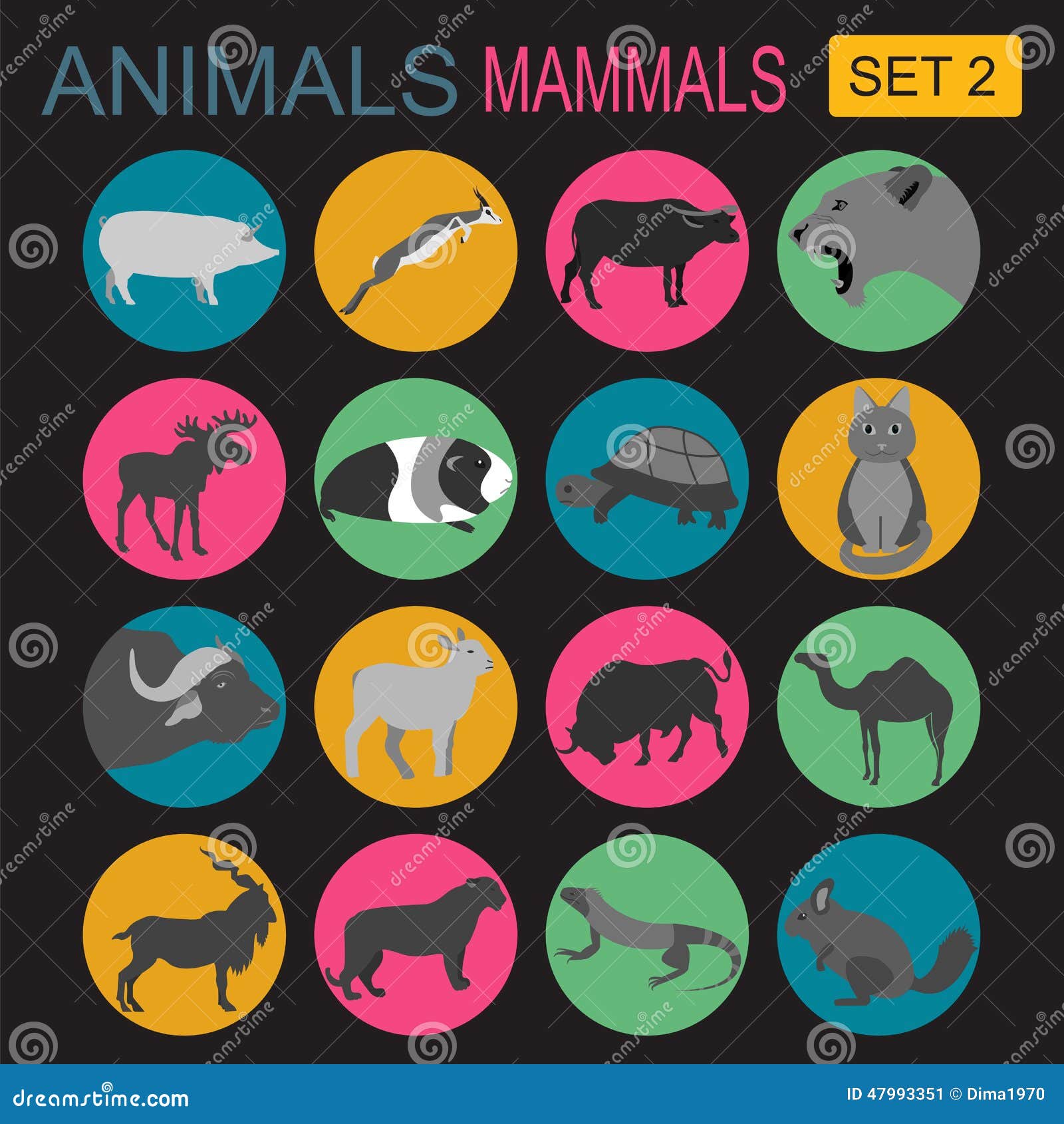 Animals Mammals Icon Set. Vector Flat Style Stock Vector - Illustration ...