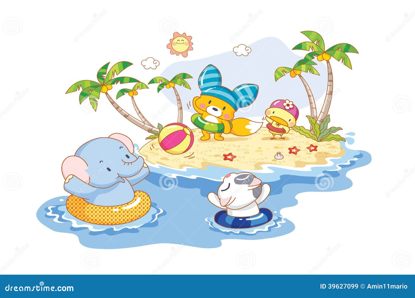 Animals are Playing on the Beach Stock Illustration - Illustration of ...