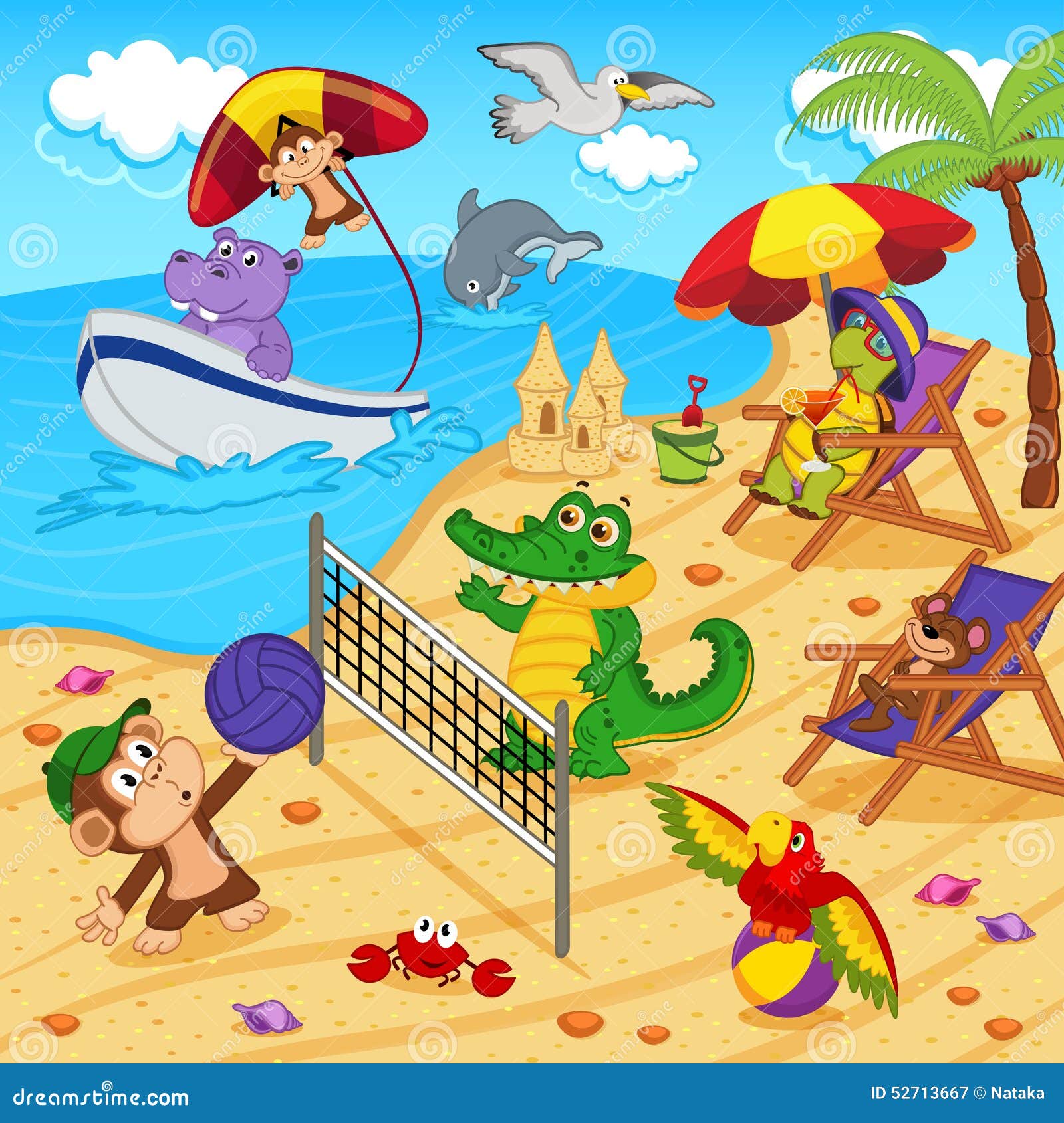 Animals resting on beach stock vector. Illustration of cartoon - 52713667