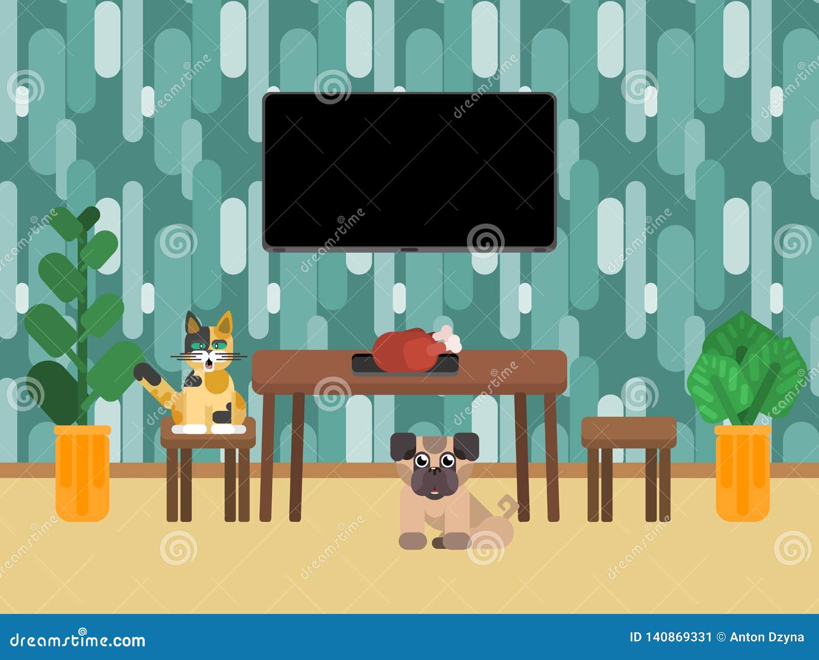 Animals Sit Near the Table in the Kitchen Near the Meal Stock ...