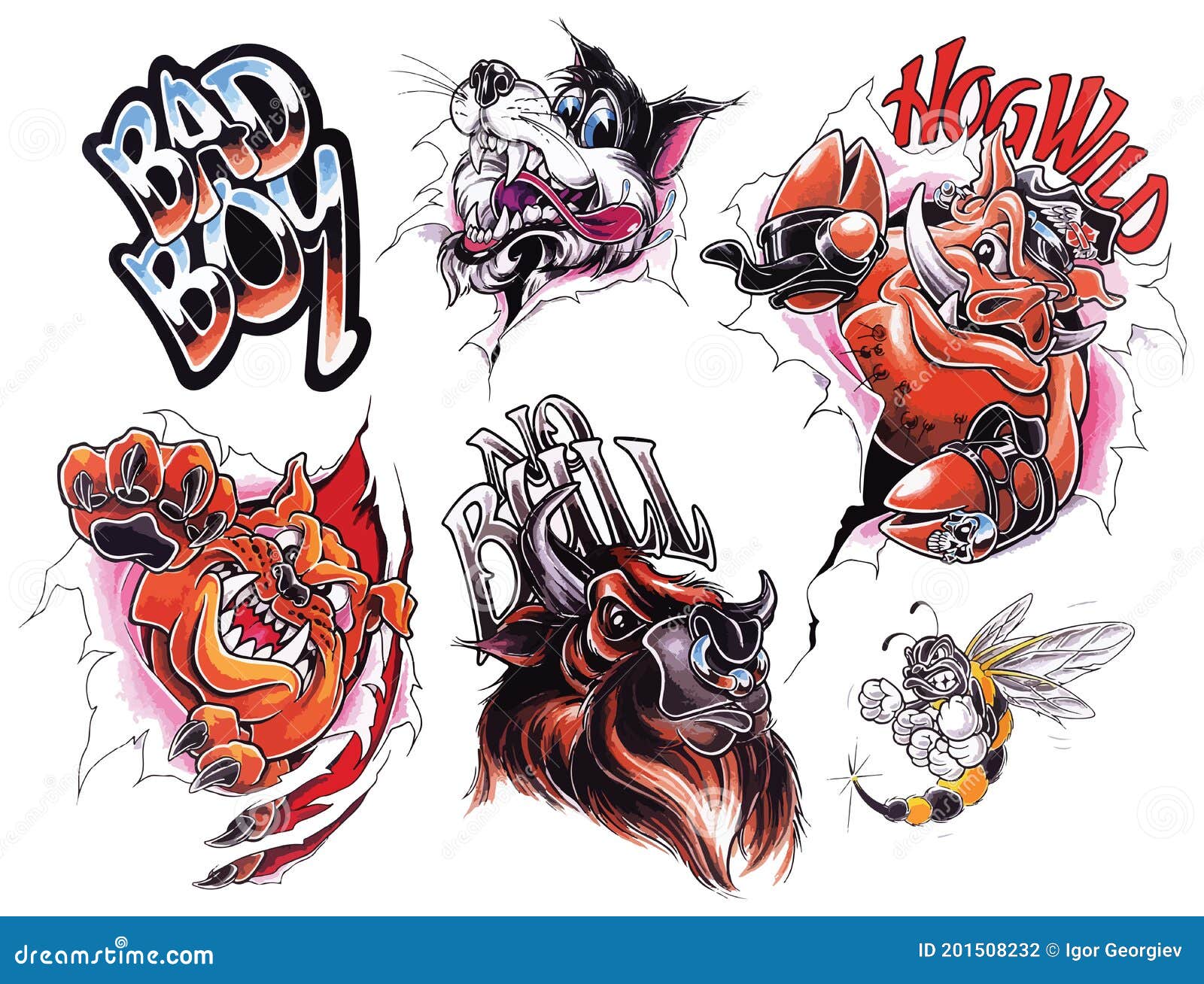 Animals Tattoo Set. Set of Labels and Elements. Vector Set Illustration ...
