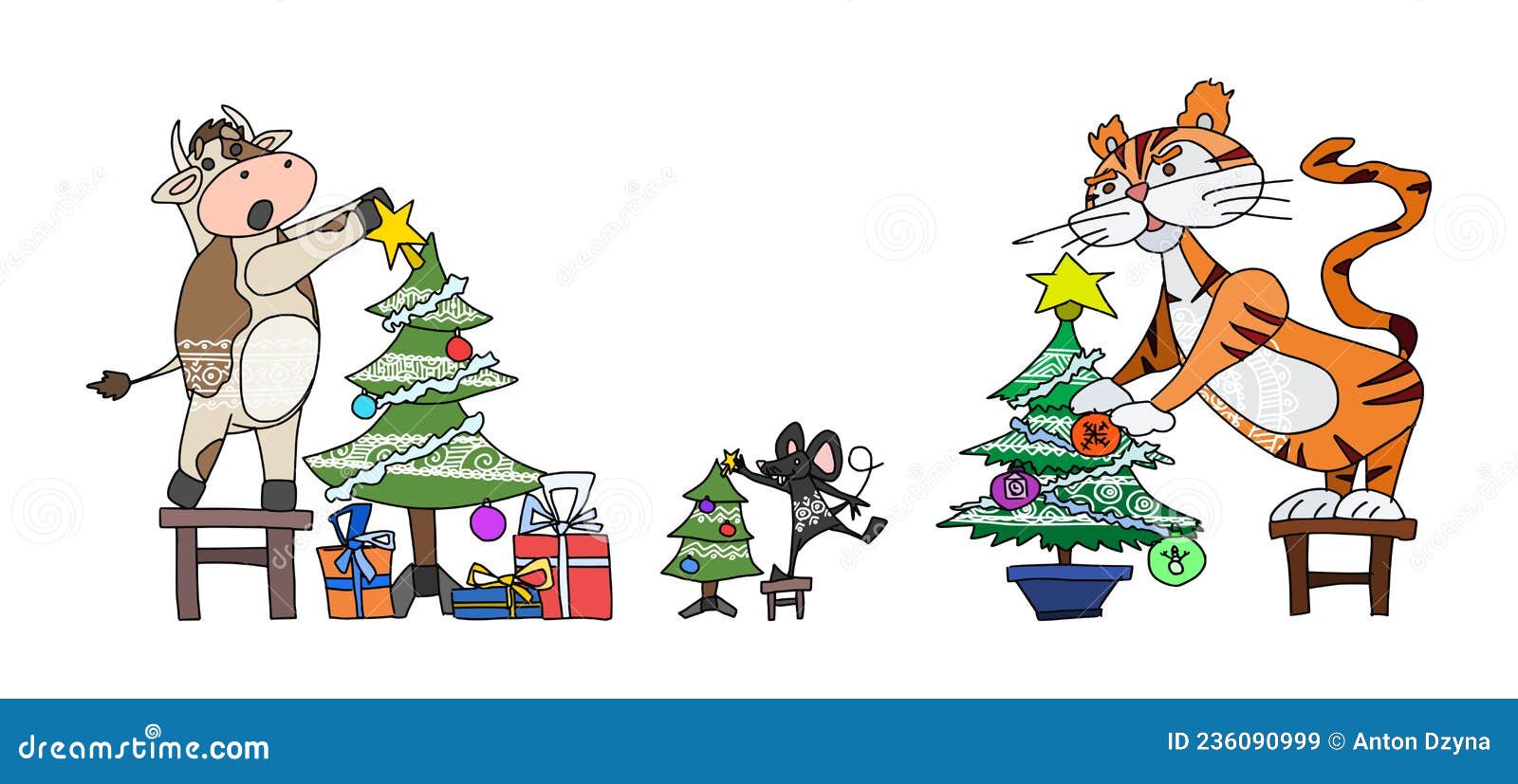 Animals Tiger Bull and Mouse Decorate Christmas Stock Vector ...