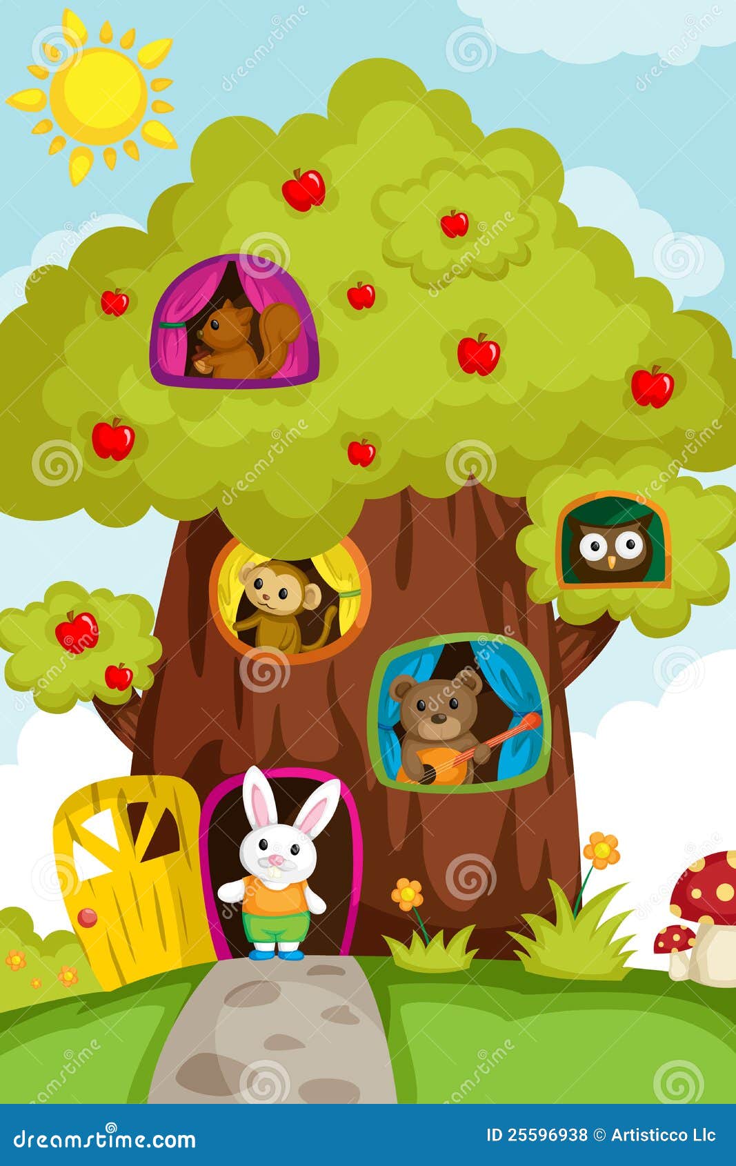 Animals in a treehouse stock vector. Illustration of outdoor - 25596938