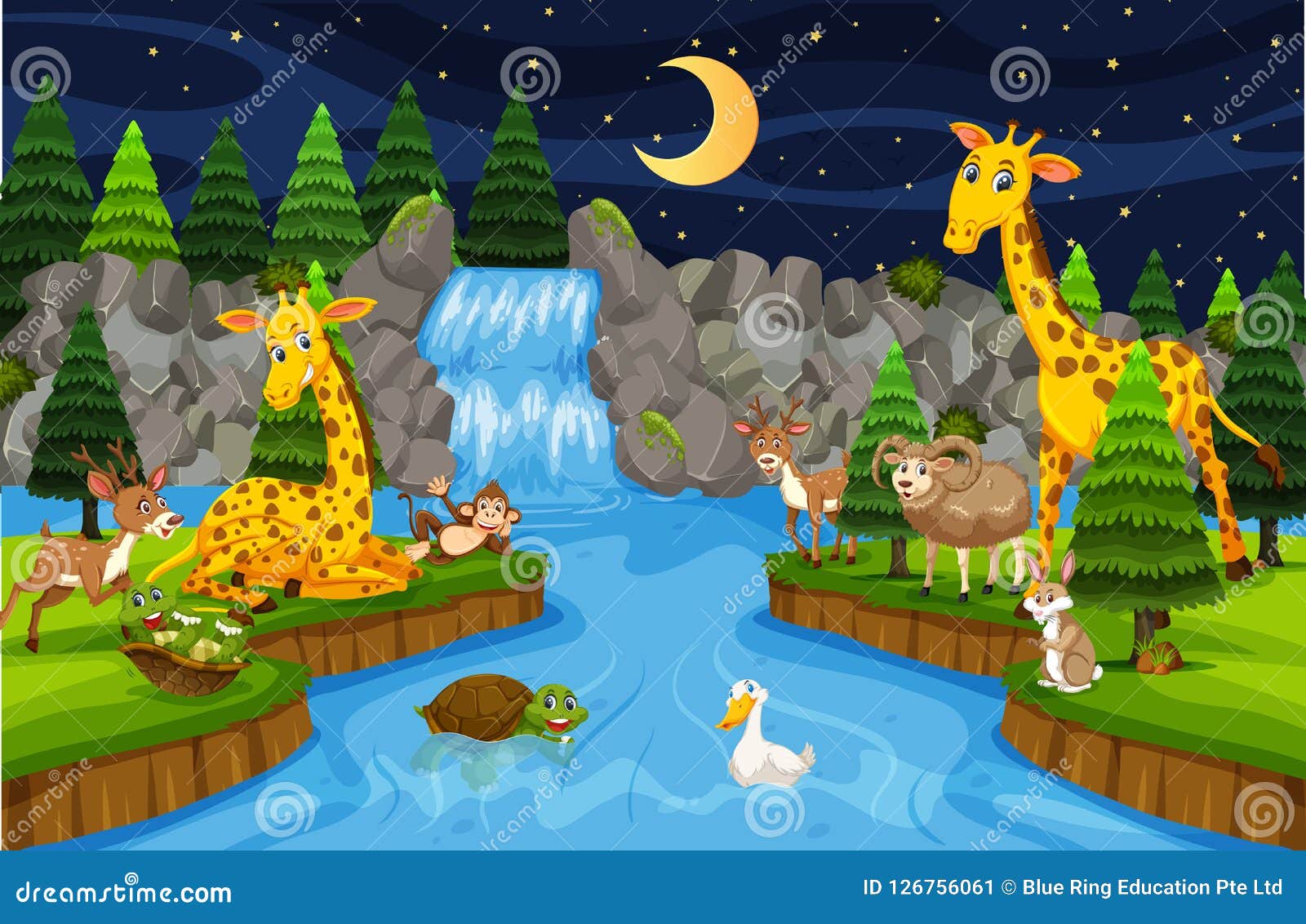 Animals at Waterfall Night Scene Stock Vector - Illustration of vector ...