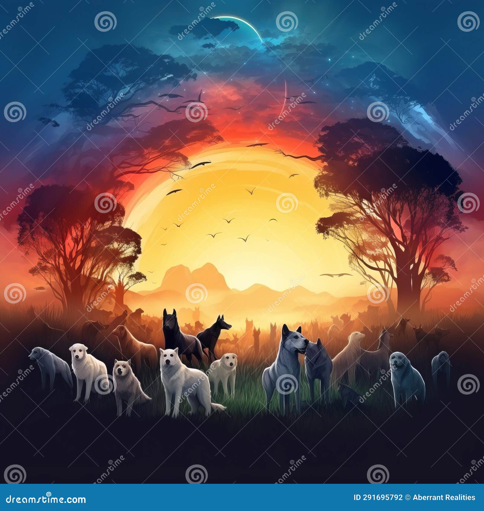Animals in the Wild at Sunset with the Sun in the Background Stock ...