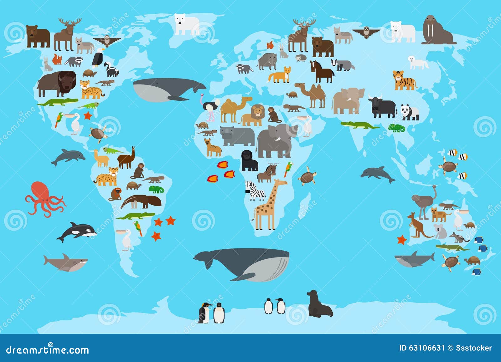Animals World Map Cartoon Vector | CartoonDealer.com #63106631