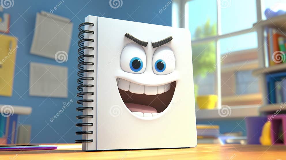 Animated Angry Notebook Character on Desk in Classroom Stock Image ...