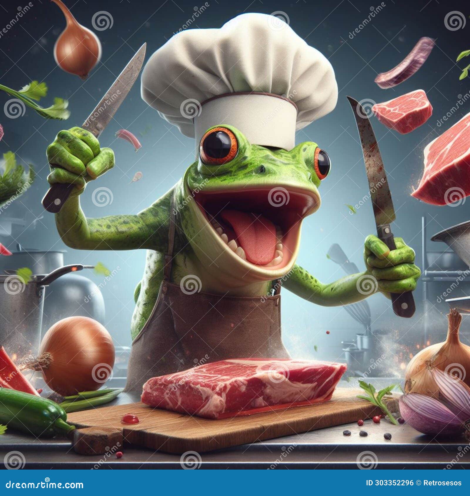 Animated Anthropomorphic Frog Chef Enthusiastically Prepares a Meal in ...