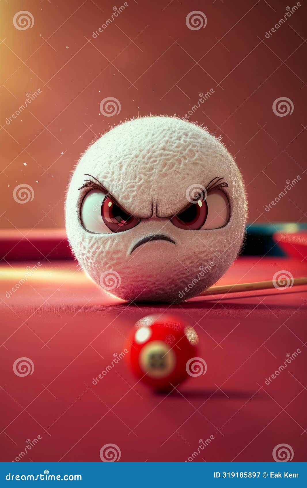 Animated Billiard Ball with Angry Expression on Red Pool Table Next To ...